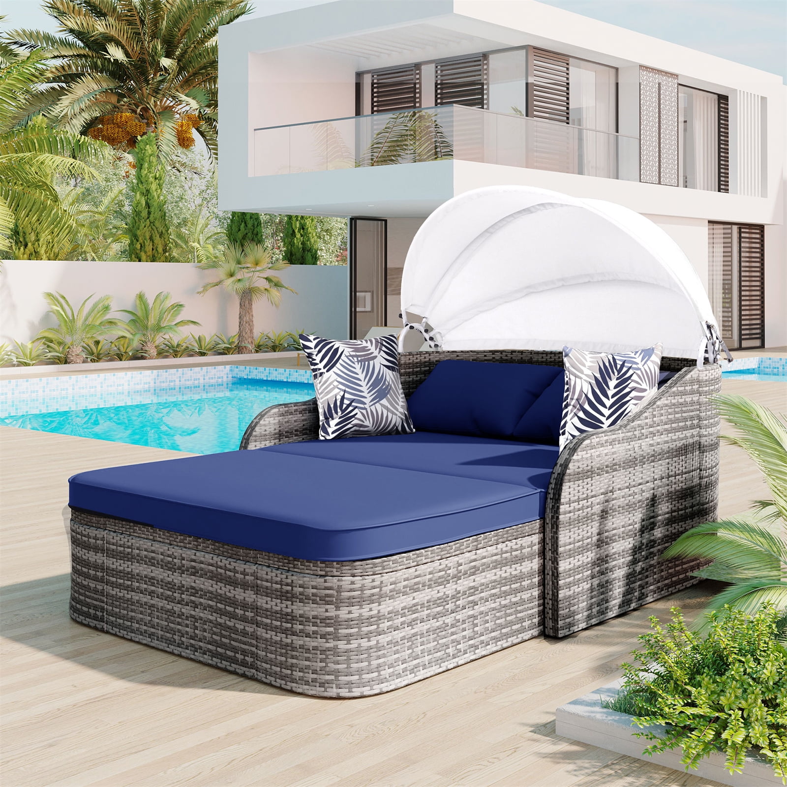 Outdoor Sunbed, Rattan Wicker Patio Daybed with Retractable Canpoy and ...