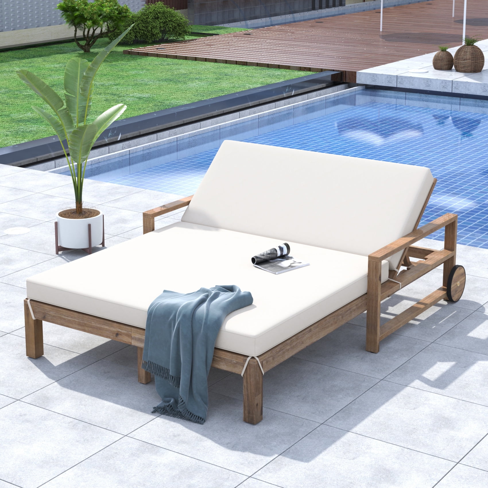 Outdoor Sunbed for Ultimate Relaxation, Wooden Sunbed with Wheels and ...