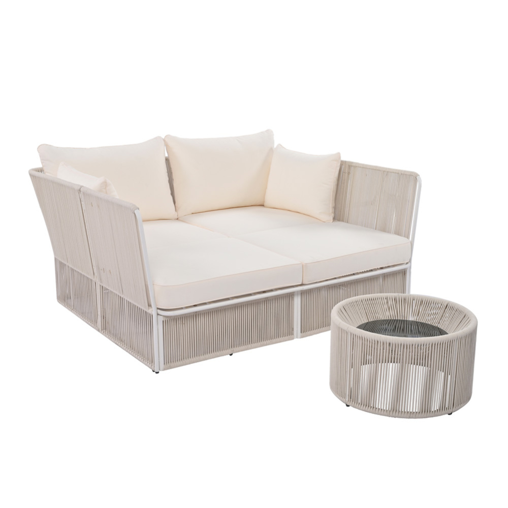 Outdoor Sunbed Upholstered Daybed with Clear Tempered Glass Table, Sofa ...