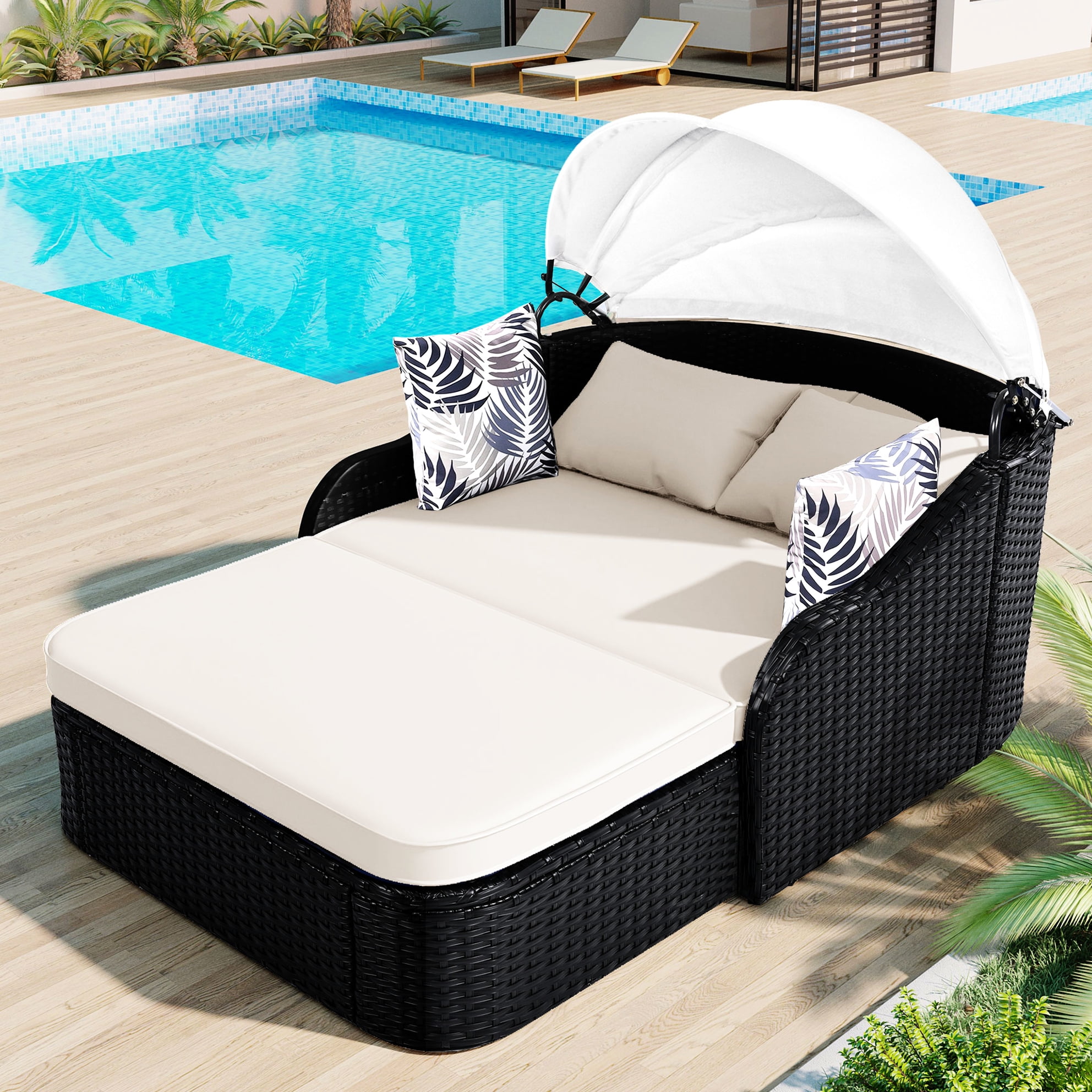Outdoor Sunbed With Adjustable Sunshade - Double Lounge, Pe , Black ...