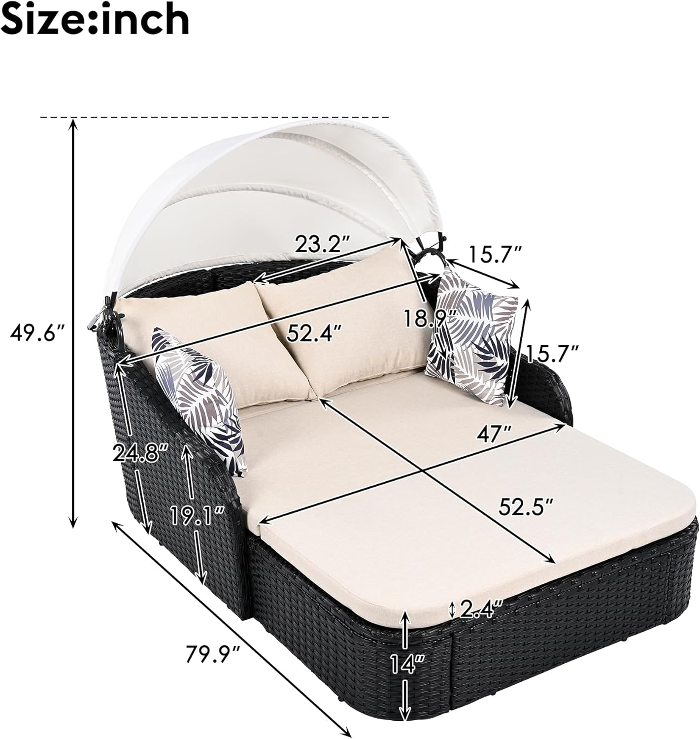 Outdoor Sunbed with Adjustable Canopy, PE Wicker Double Chaise Lounge ...