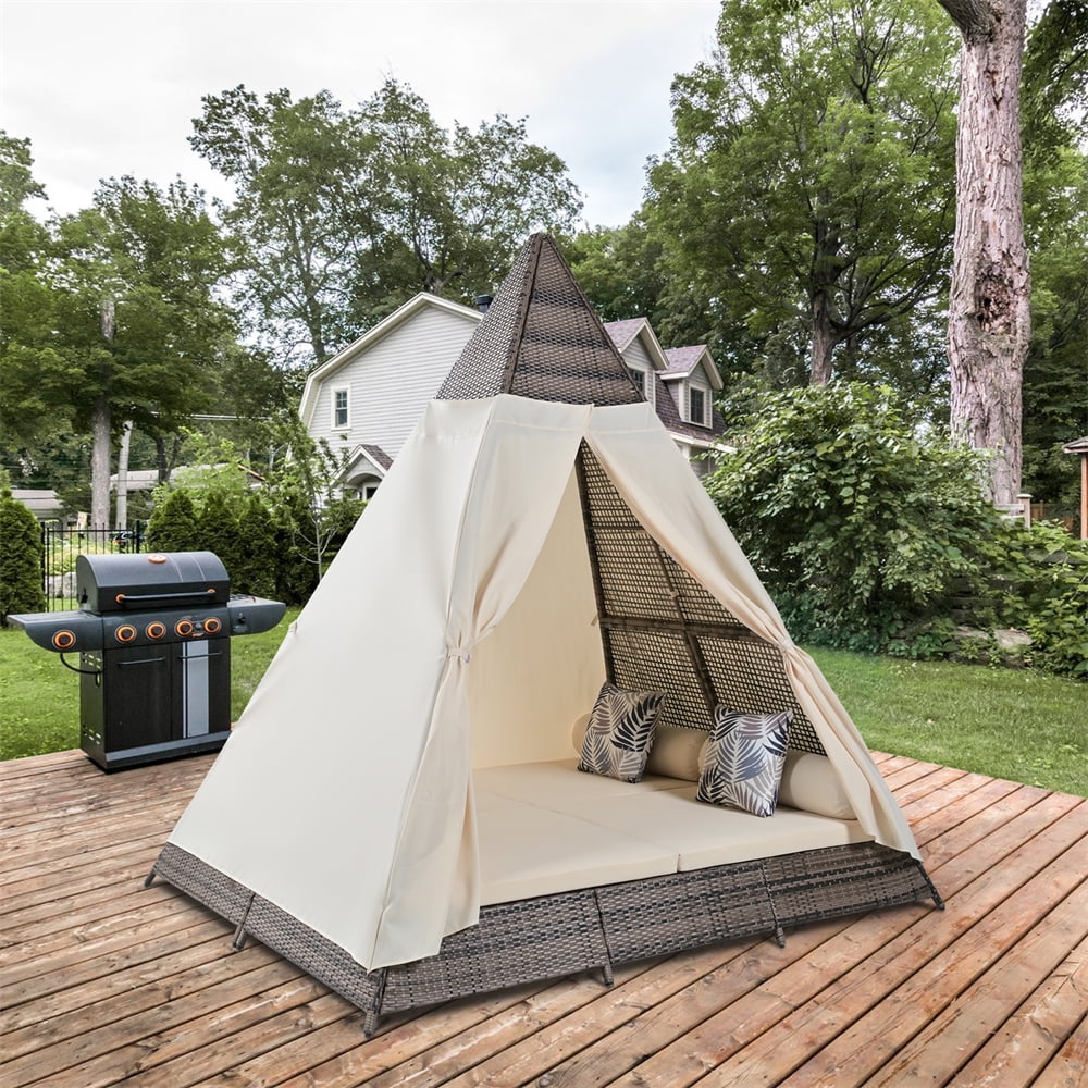 Outdoor Sunbed with Colorful Pillows, 90.5" Wicker Patio Daybed with ...