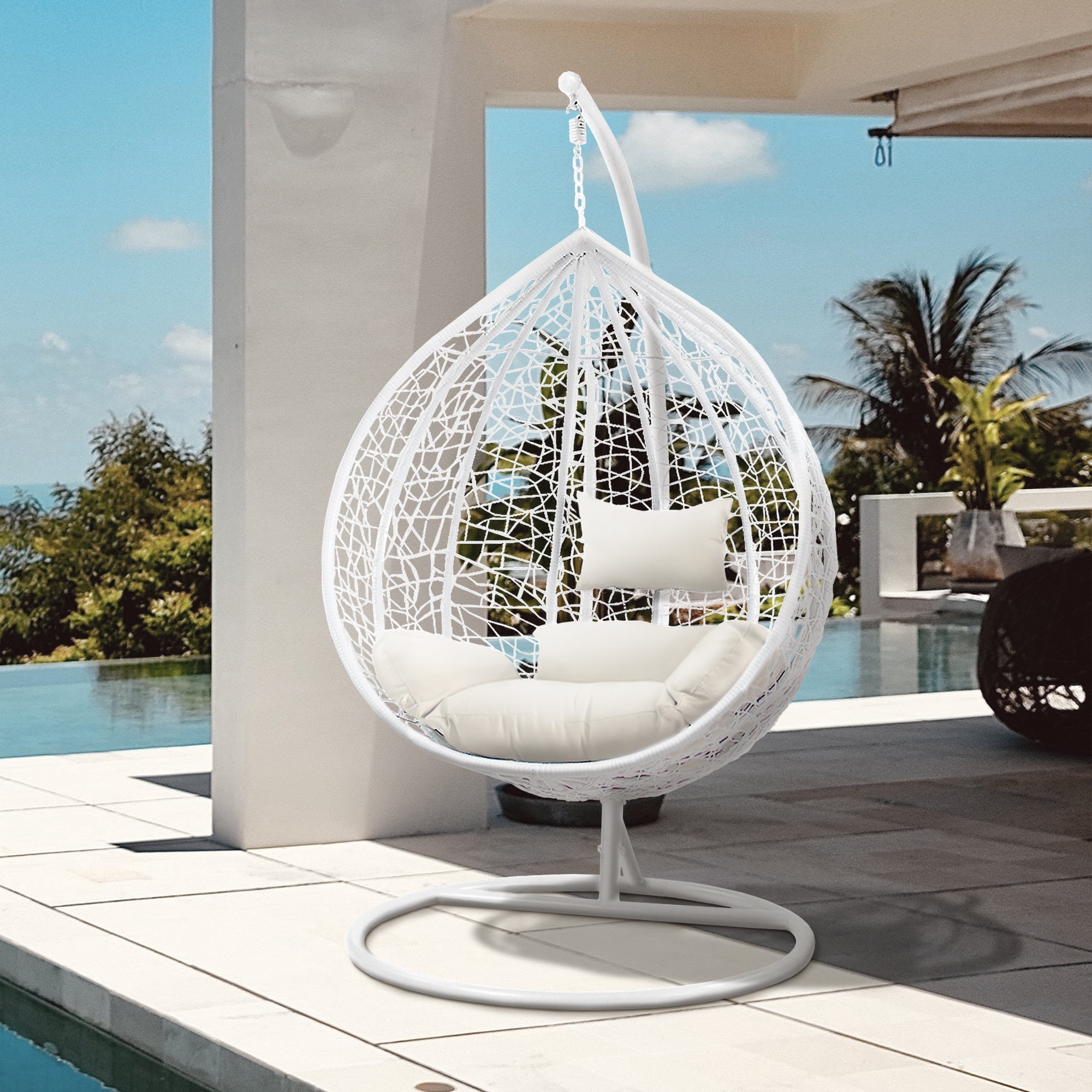 Patio Outdoor Swing Chair Wicker Rattan Hanging Lounge Chair White ...