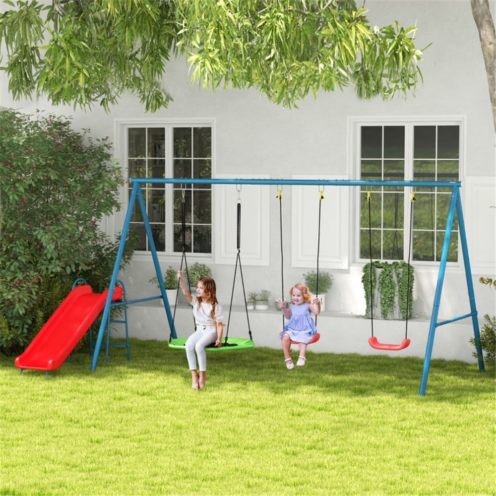 Outdoor Swing Set with Slide, Metal Backyard Playset Swing Set with ...