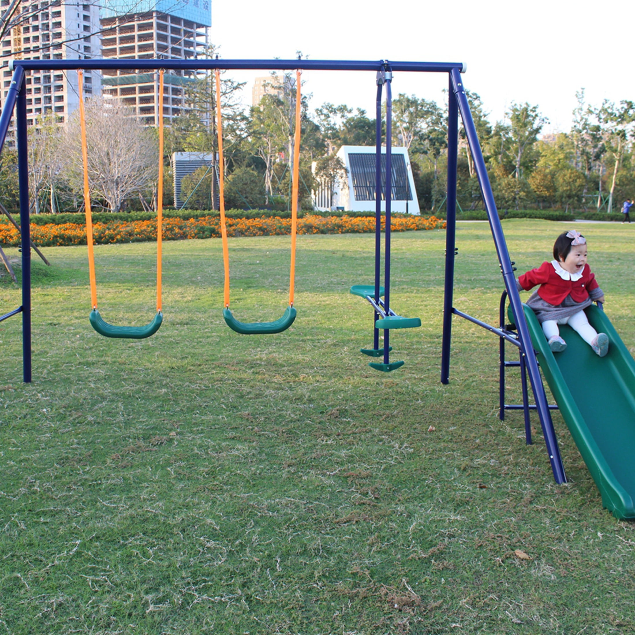 Outdoor Swing Sets for Kids, 5 in 1 Metal Swing Set with Slide, Seesaw ...