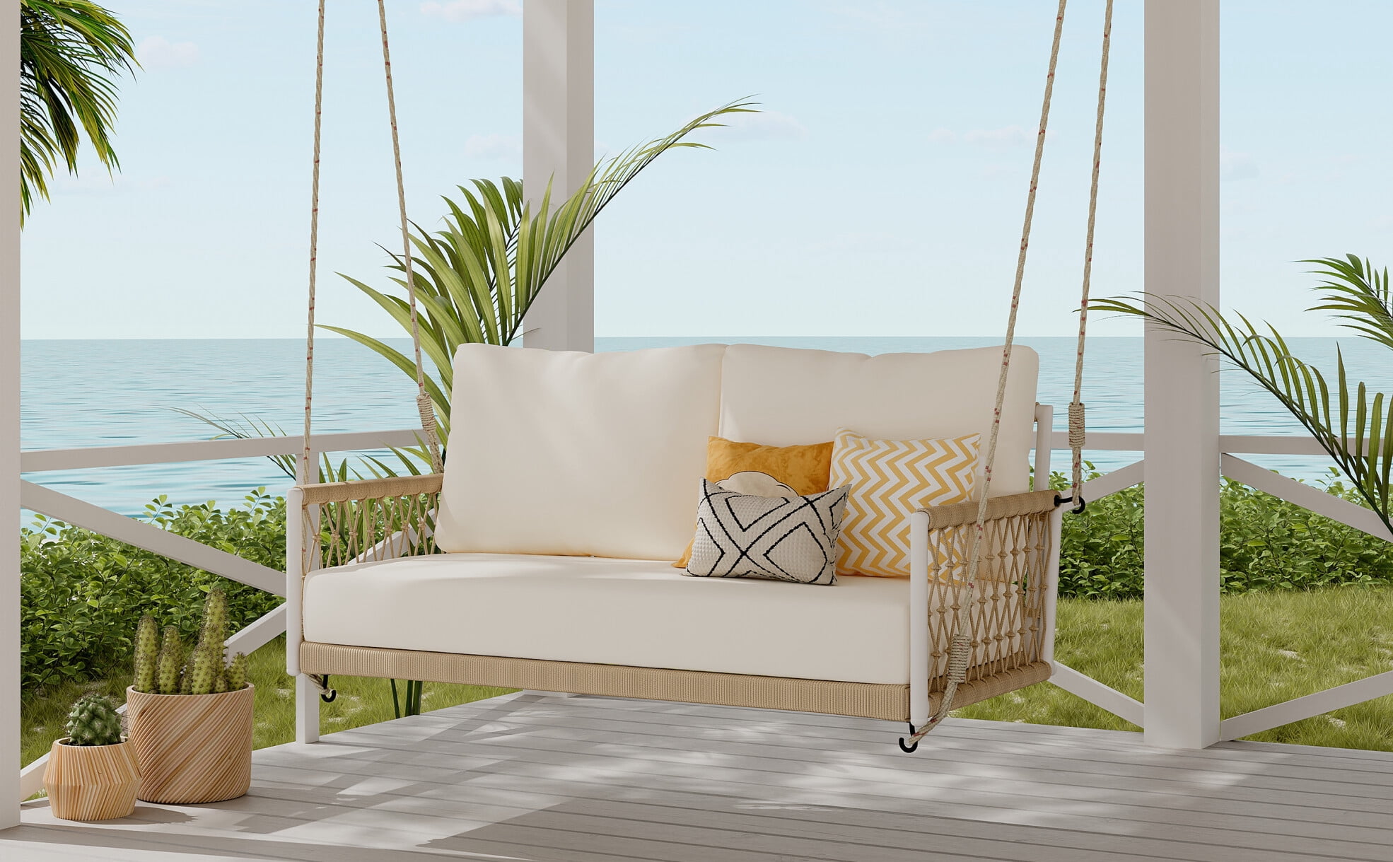 Outdoor Swing Sofa, Woven Rope Swing with Waterproof Fabric Cushions ...