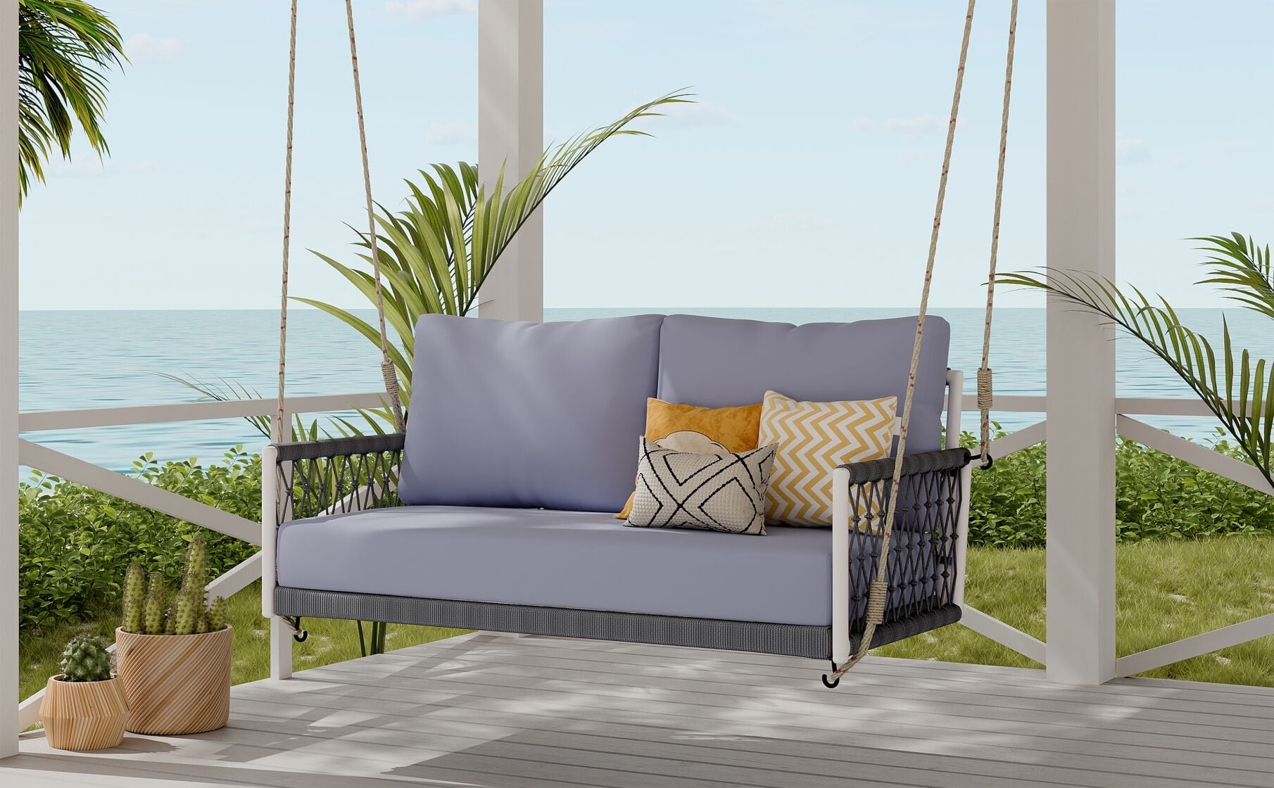 Outdoor Swing Sofa, Woven Rope Swing with Waterproof Fabric Cushions ...