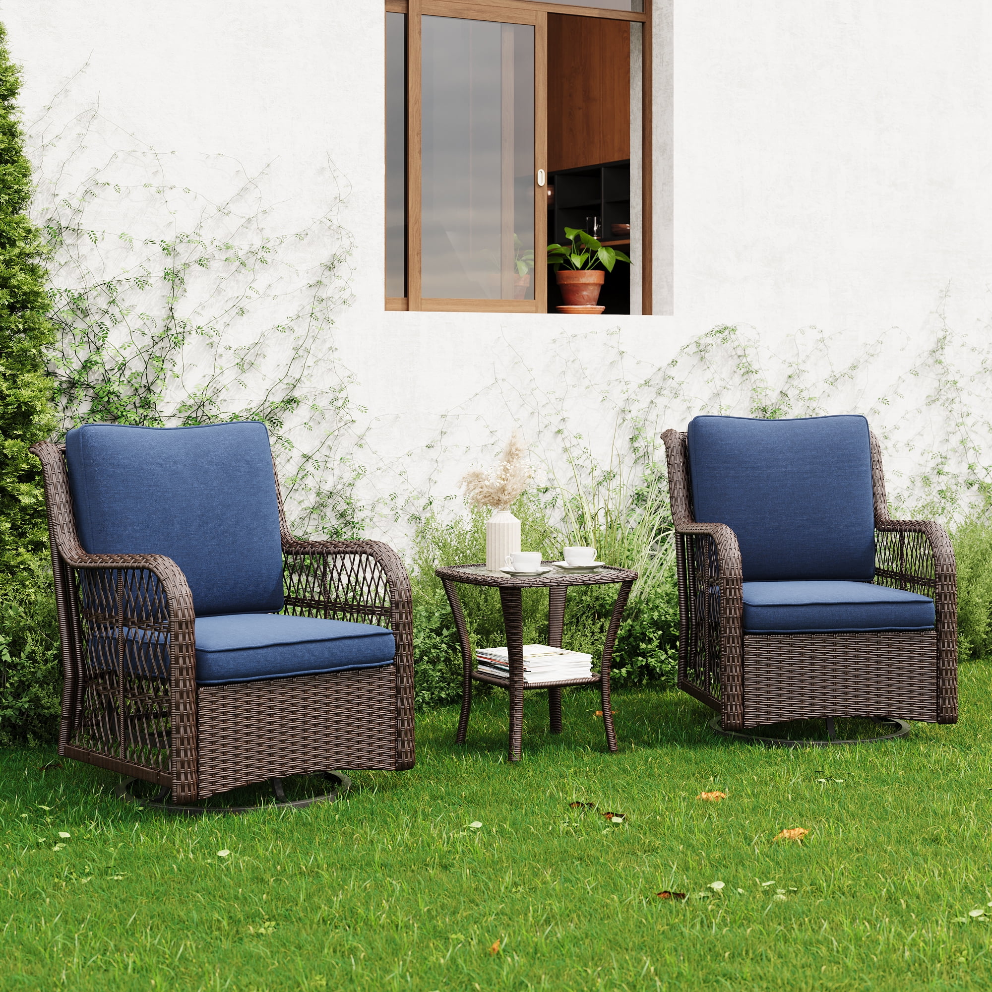 Outdoor Swivel Wicker Glider Patio Chairs with Table Set, Thick ...