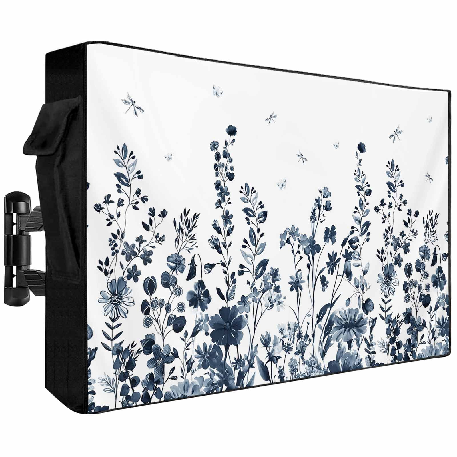 Outdoor TV Cover 68x42x4.5in, Farm Blue Ink Style Flowers Weatherproof ...