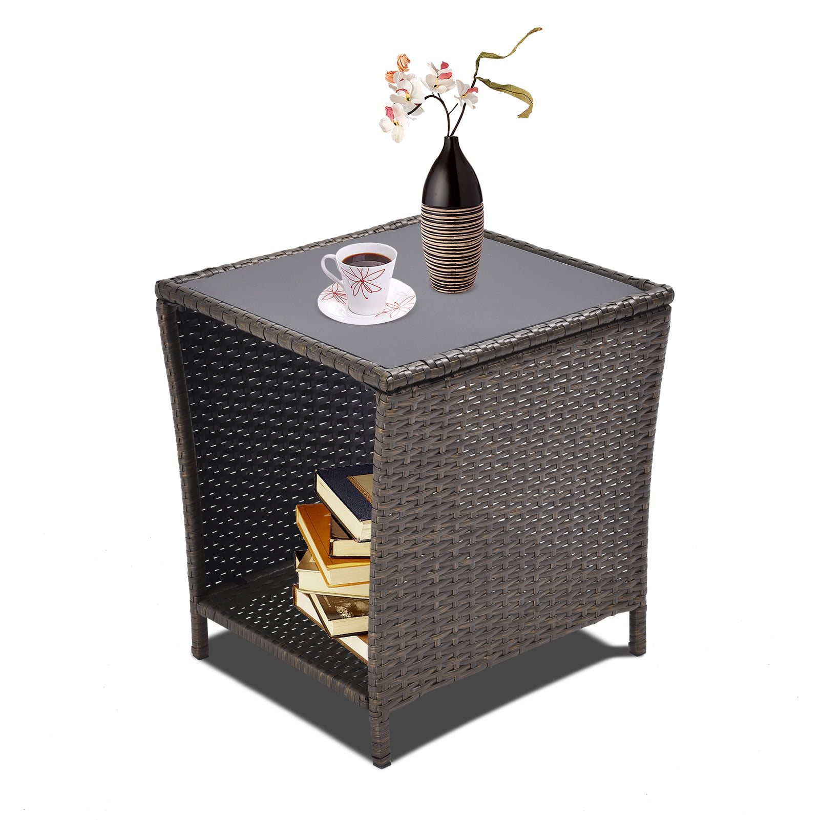 Outdoor Side Table with Storage, SYNGAR Patio Wicker End Table, All ...