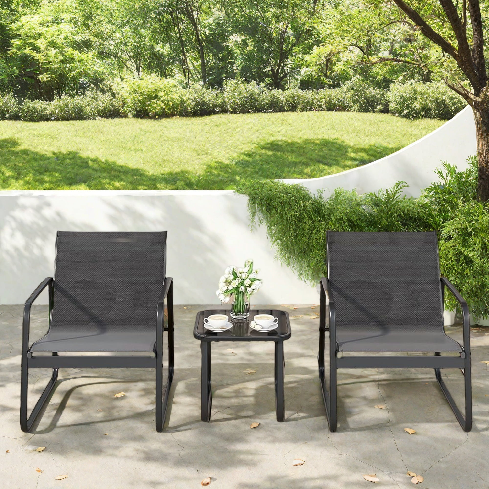Lofka Outdoor 3 Piece Patio Set with Steel Chairs and Glass Top Coffee ...