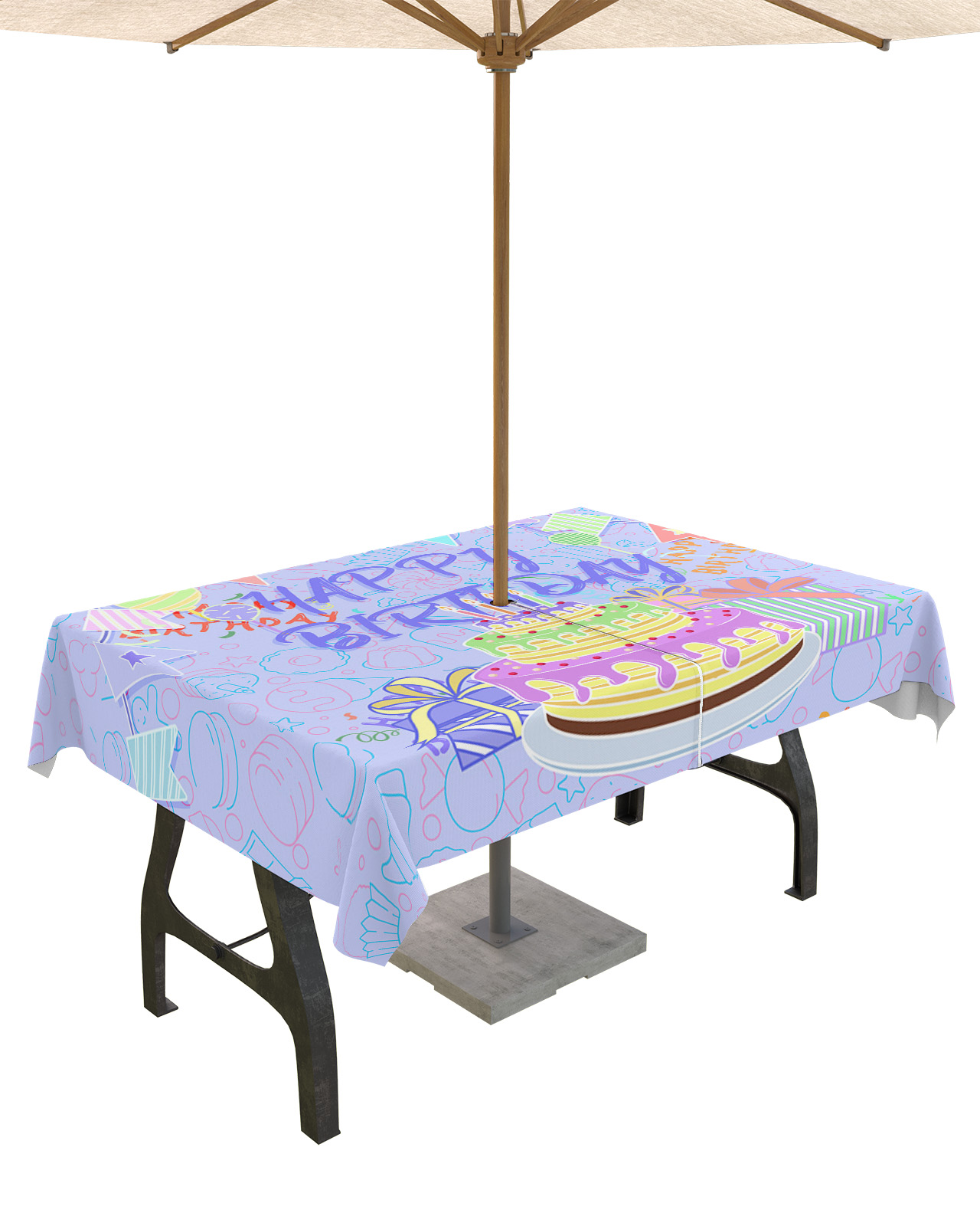 Outdoor Tablecloth with Umbrella Hole,Birthday Cake Ribbon Balloon Gift ...
