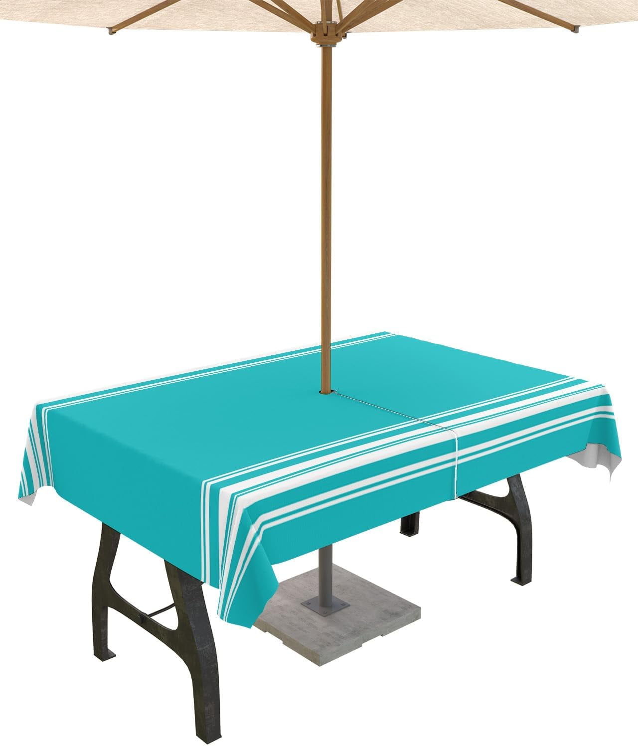 Outdoor Tablecloth with Umbrella Hole, Farmhouse Aqua White Stripe ...