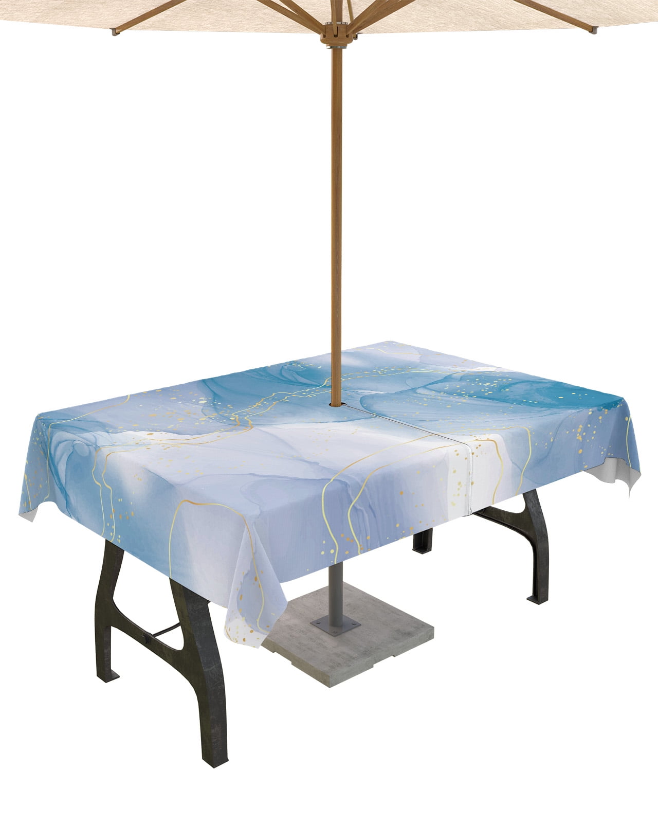 Outdoor Tablecloth with Umbrella Hole,Marble Blue Gradient Gold Powder ...