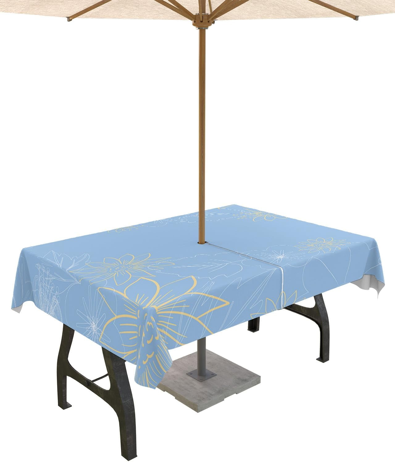 Outdoor Tablecloth with Umbrella Hole, Minimalist Lines Leaves Flowers ...