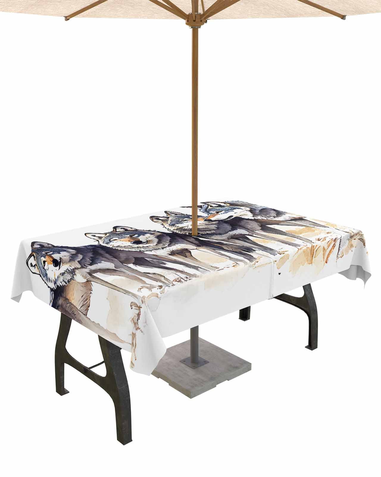Outdoor Tablecloth with Umbrella Hole for Patio/Picnic/Party/Camping, Vintage Wolves Waterproof ...