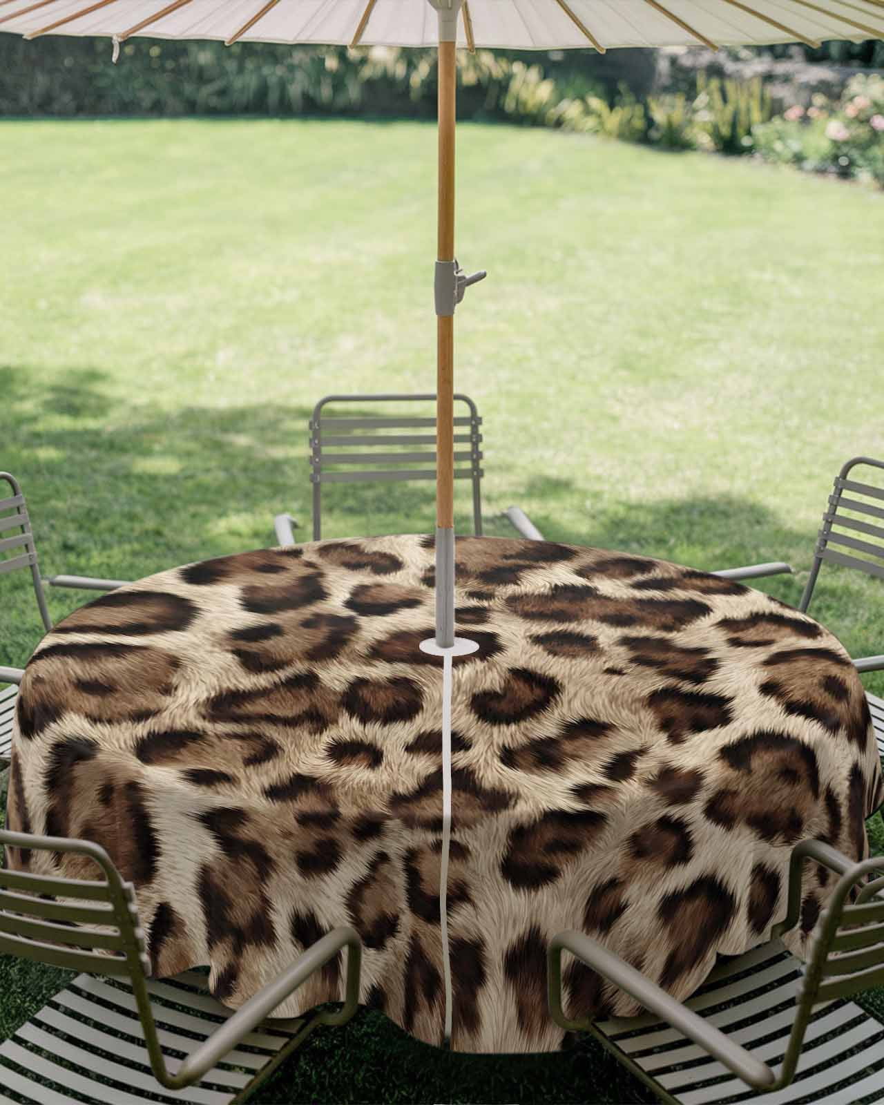 Outdoor Tablecloth with Umbrella Hole, Retro Brown Leopard Abstract ...