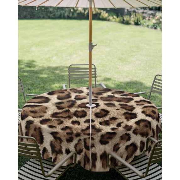 Outdoor Tablecloth with Umbrella Hole, Retro Brown Leopard Abstract ...
