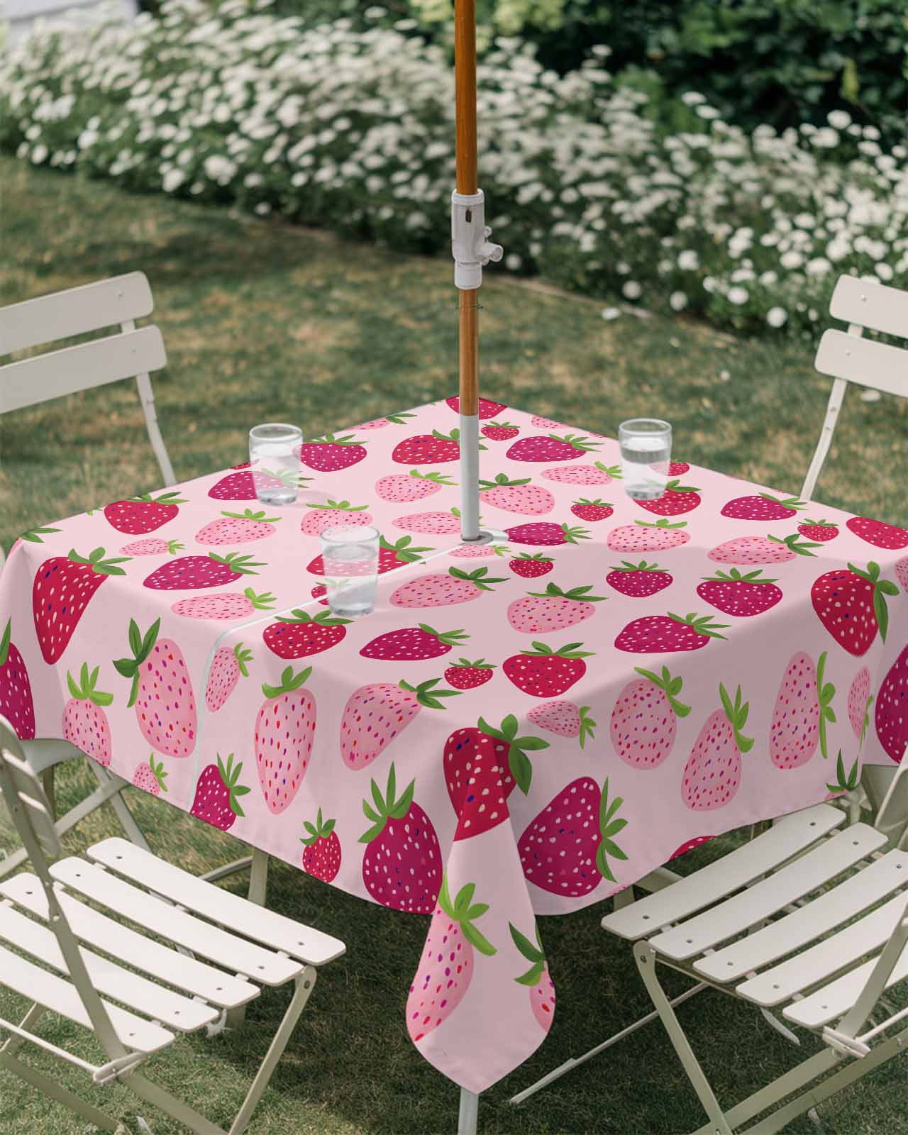 Outdoor Tablecloth with Umbrella Hole, Strawberries on Pink Background ...