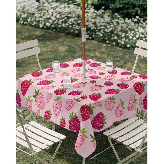 Outdoor Tablecloth with Umbrella Hole, Strawberries on Pink Background ...