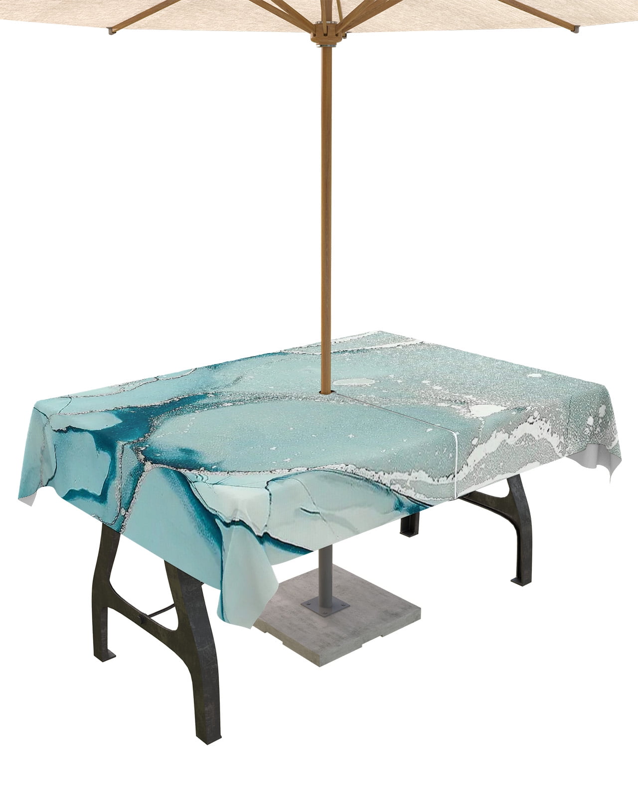 Outdoor Tablecloth with Umbrella Hole,Teal Marble Gradient Aqua ...