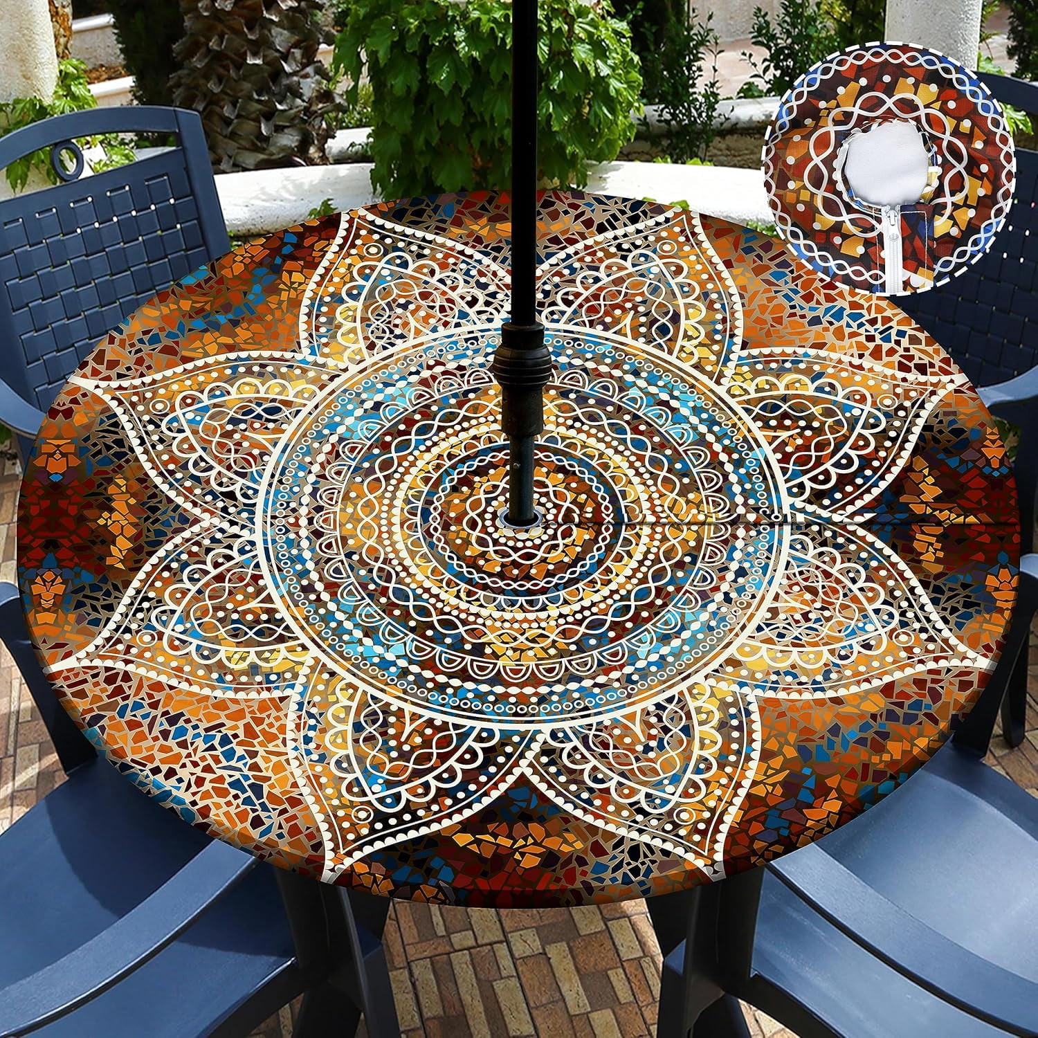 Outdoor Tablecloth with Umbrella Hole Waterproof Round Fitted ...