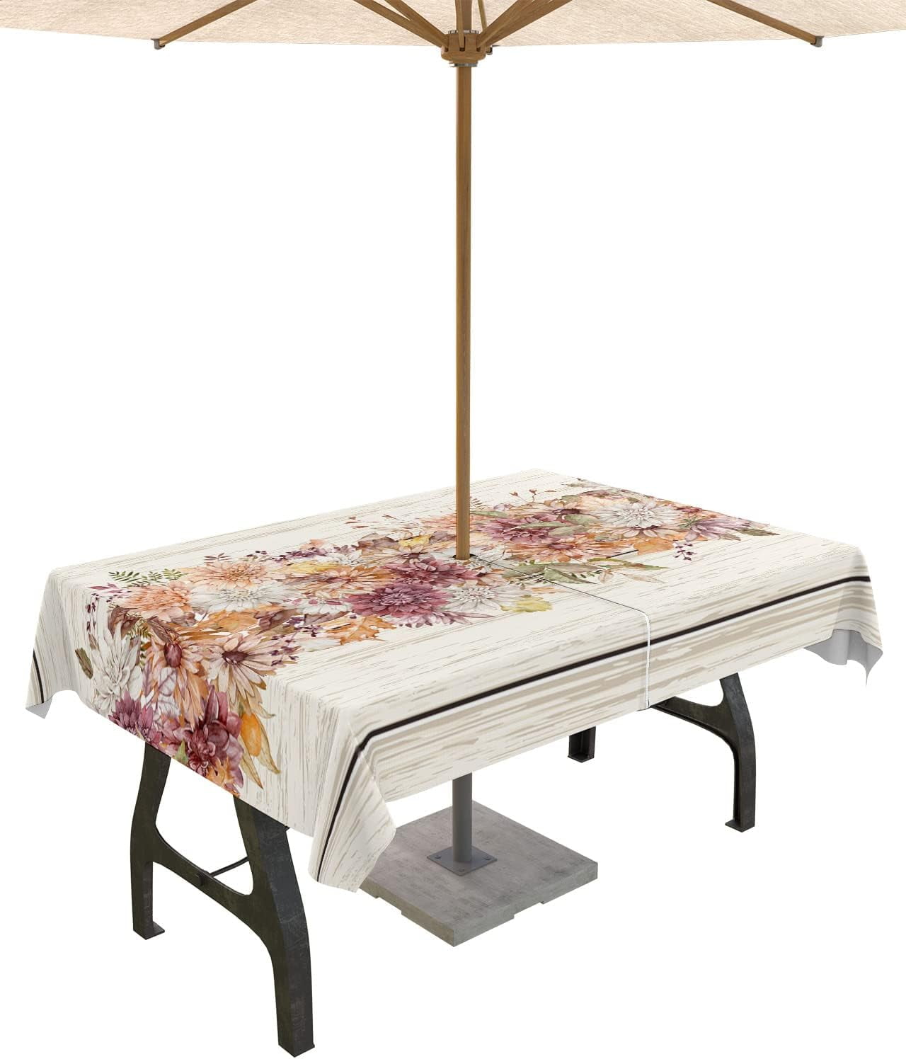 Outdoor Tablecloth with Umbrella Hole and Zipper Autumn Flowers Leaves ...