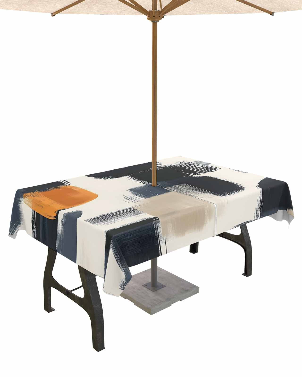 Outdoor Tablecloth with Umbrella Hole & Zipper, Black Khaki Rectangle ...