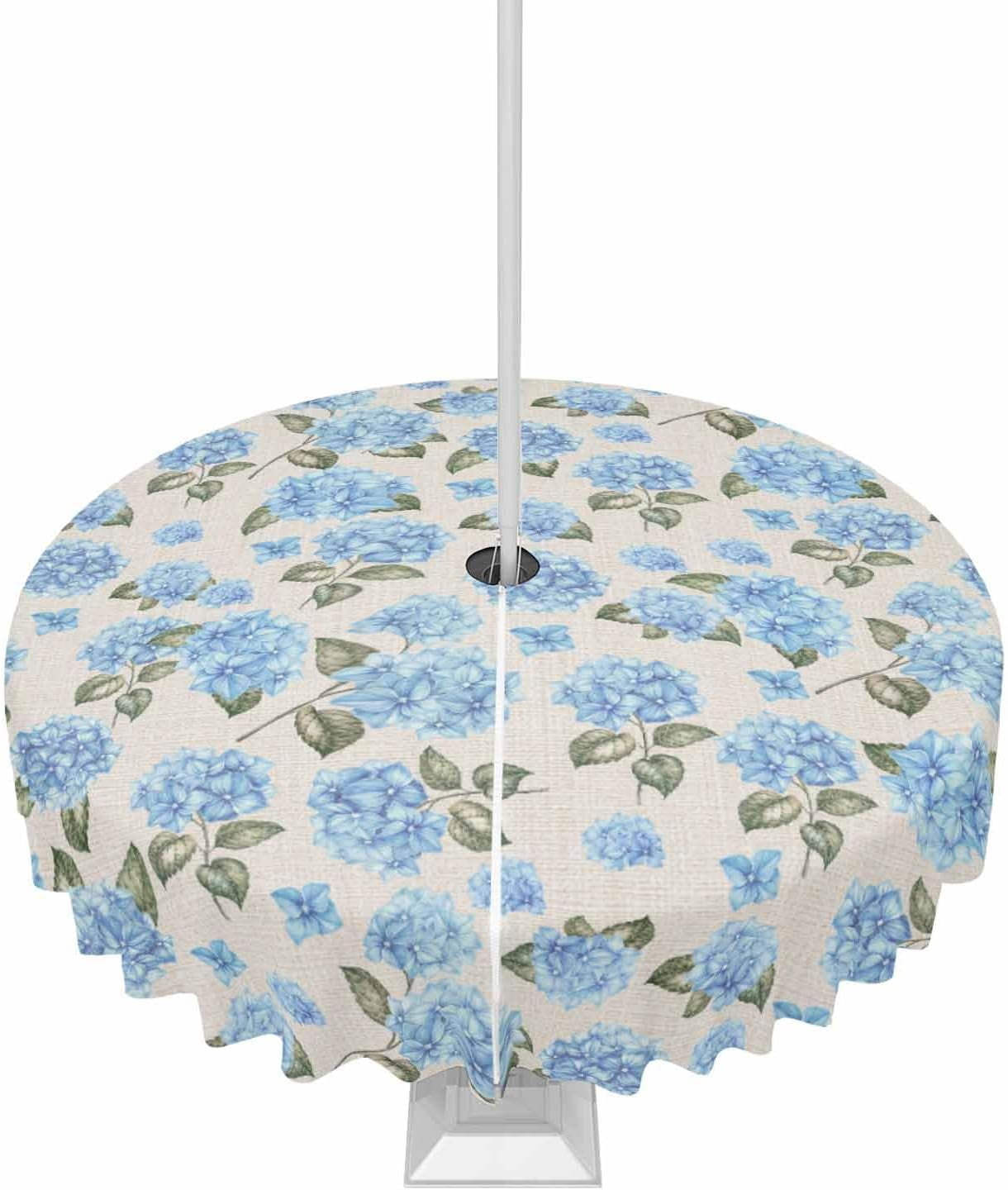 Outdoor Tablecloth with Umbrella Hole and Zipper Blue Flower Round ...