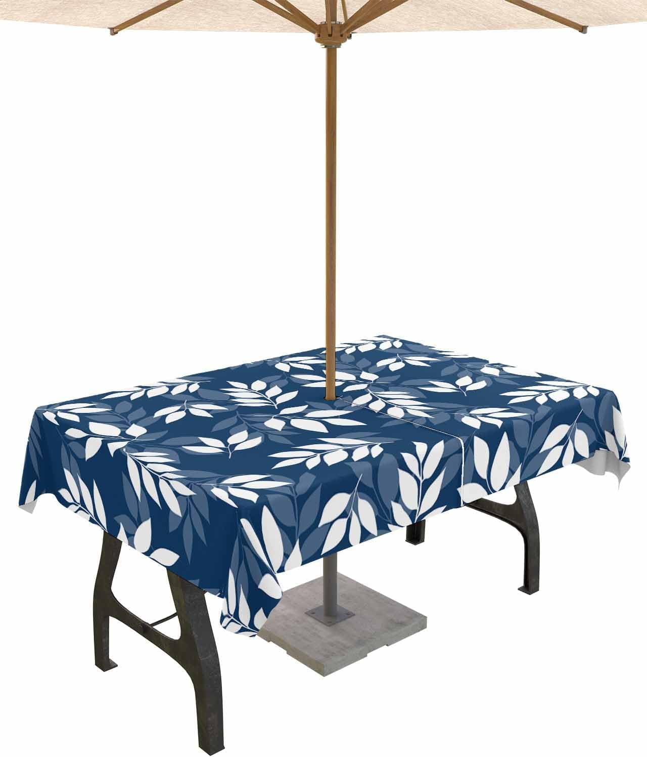 Outdoor Tablecloth with Umbrella Hole and Zipper Blue Leaves ...
