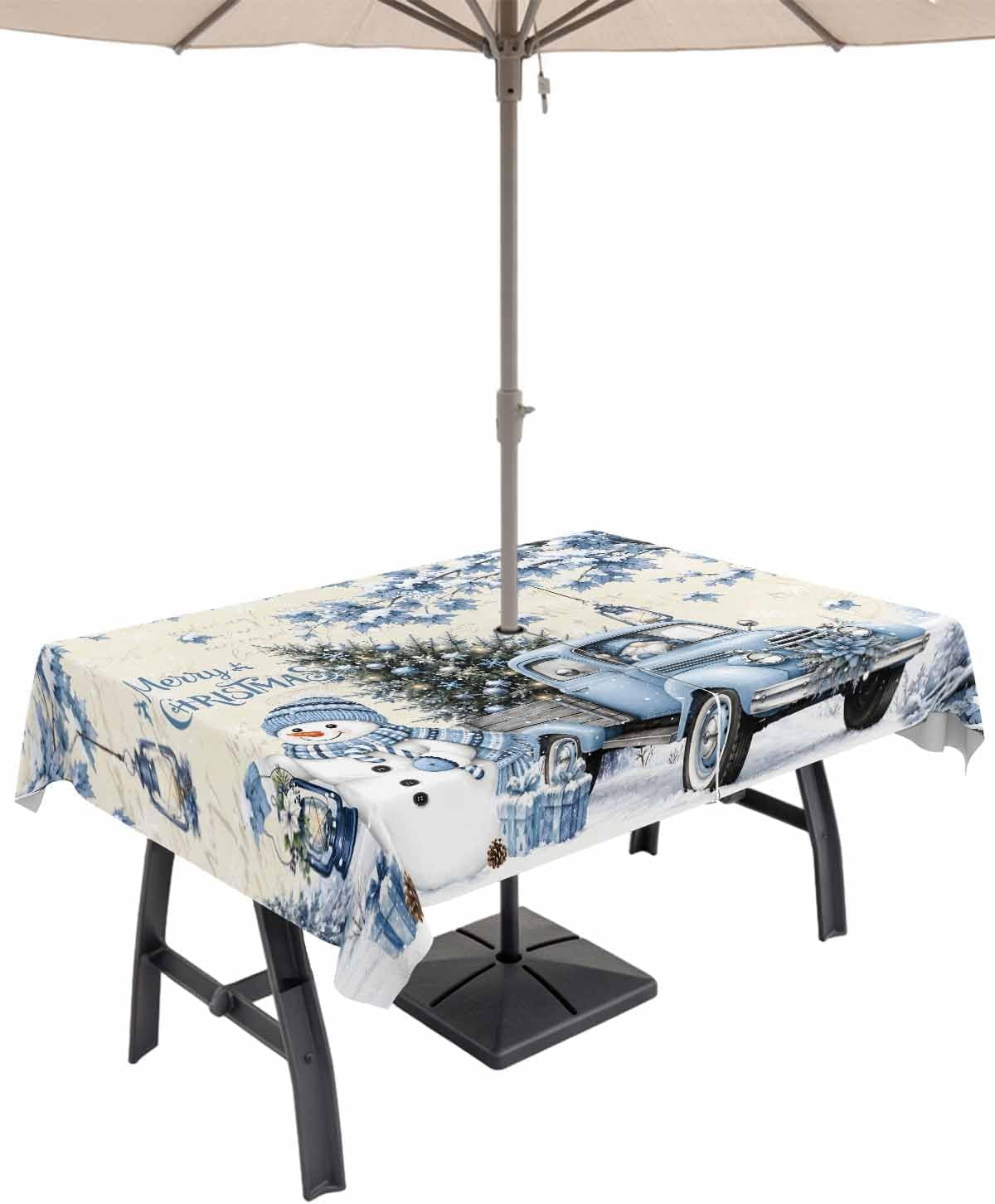 Outdoor Tablecloth with Umbrella Hole and Zipper, Blue Snowman ...