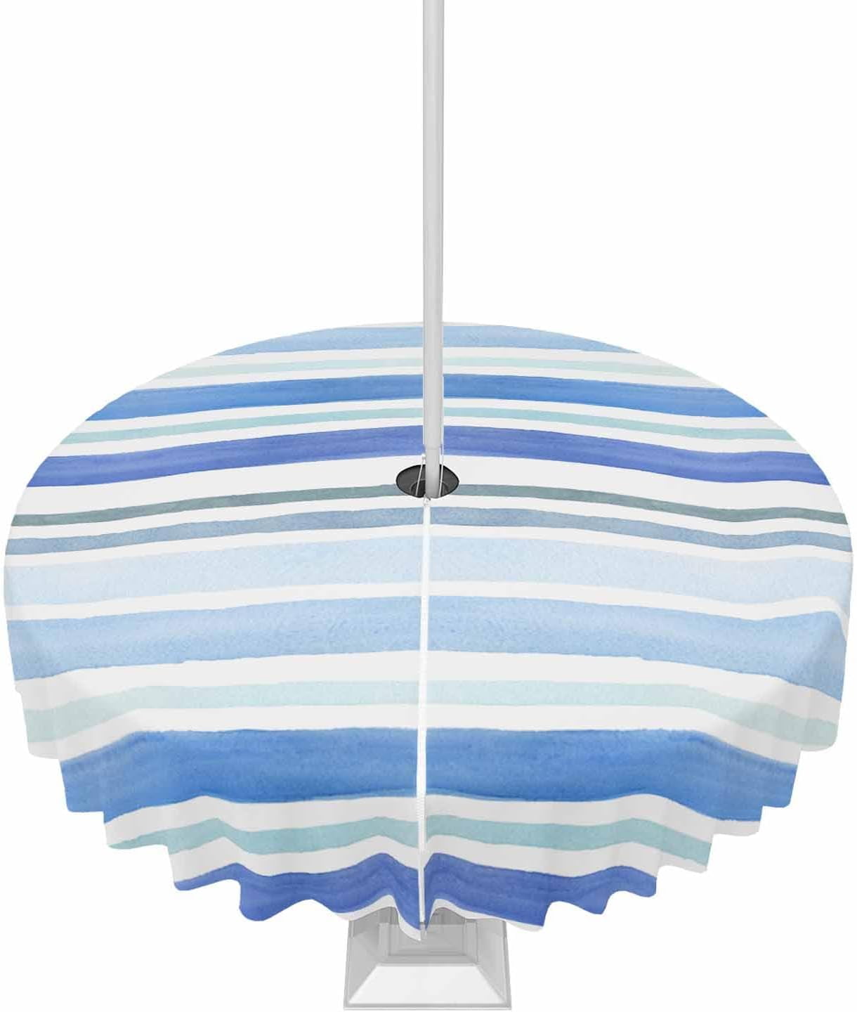 Outdoor Tablecloth with Umbrella Hole & Zipper, Blue Striped Round ...