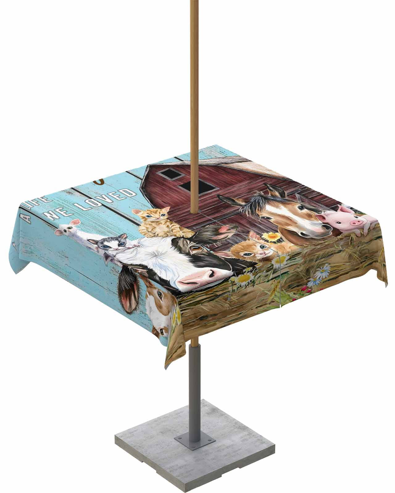 Outdoor Tablecloth with Umbrella Hole & Zipper, Farmhouse Animals ...