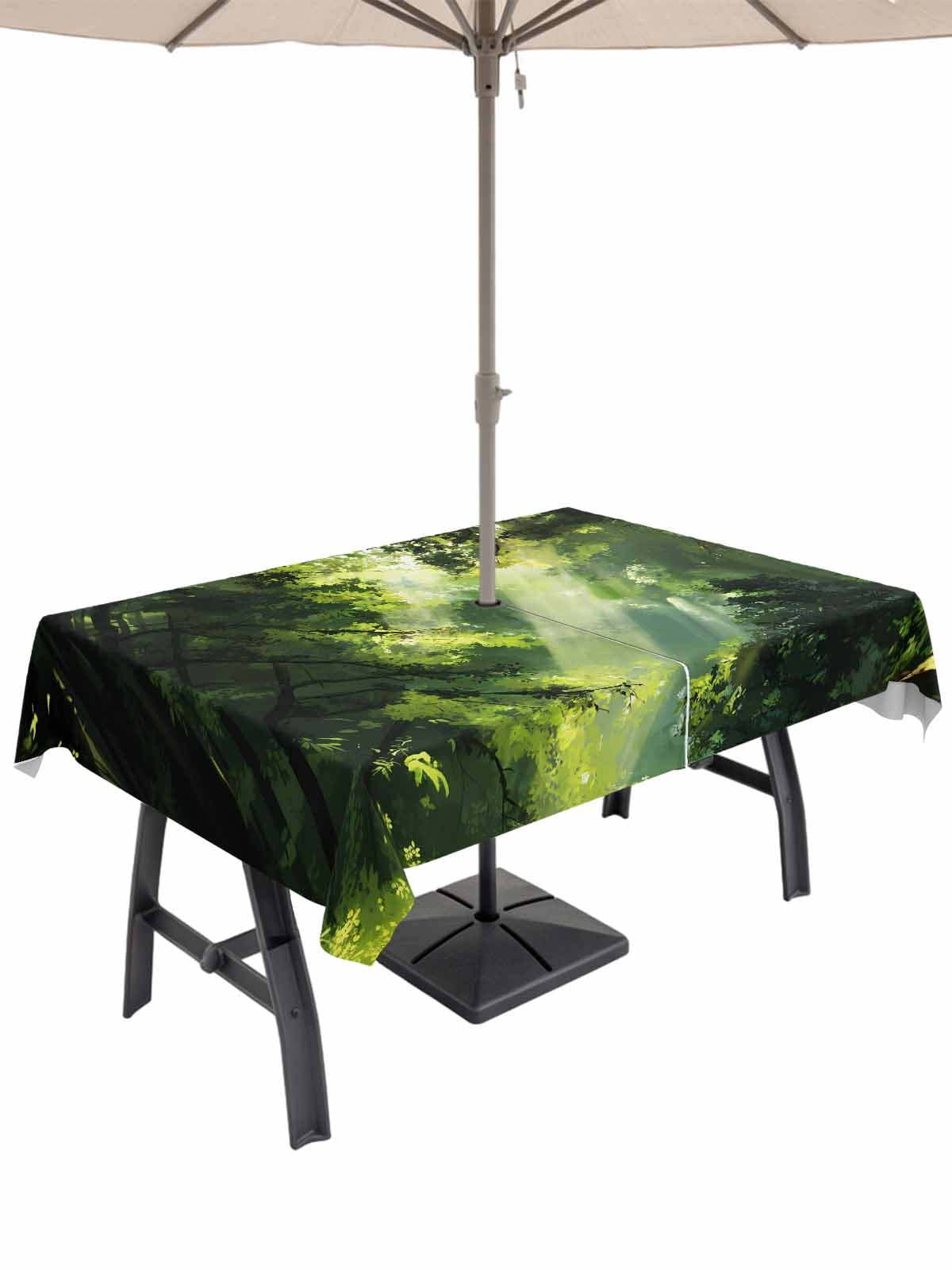 Outdoor Tablecloth with Umbrella Hole and Zipper, Green Forest ...