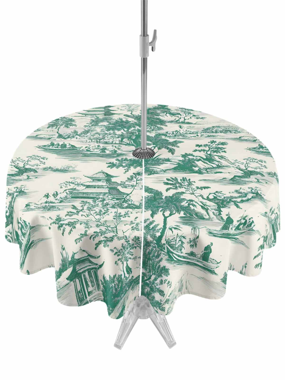 Outdoor Tablecloth with Umbrella Hole Zipper Green Garden Retro Round ...