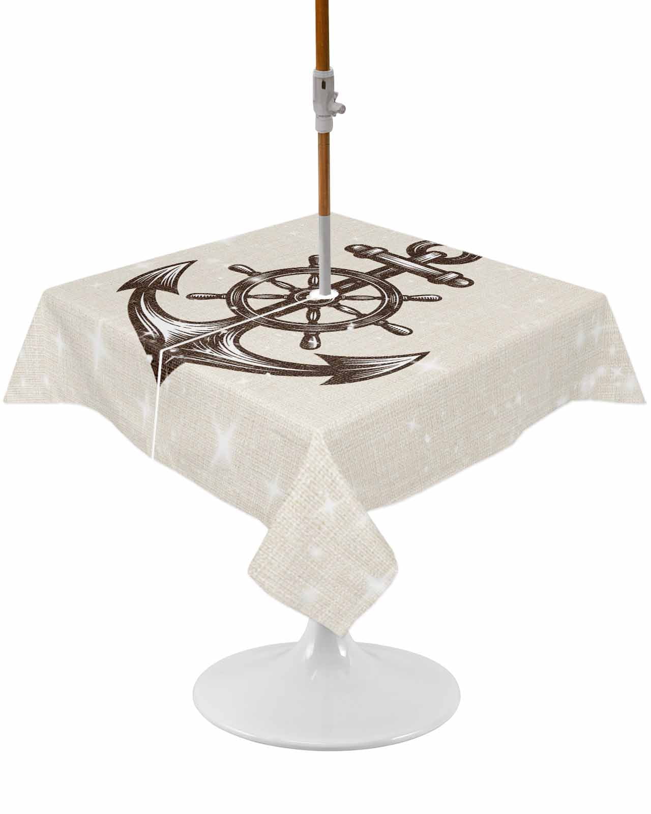 Outdoor Tablecloth with Umbrella Hole and Zipper Nautical Anchorr ...