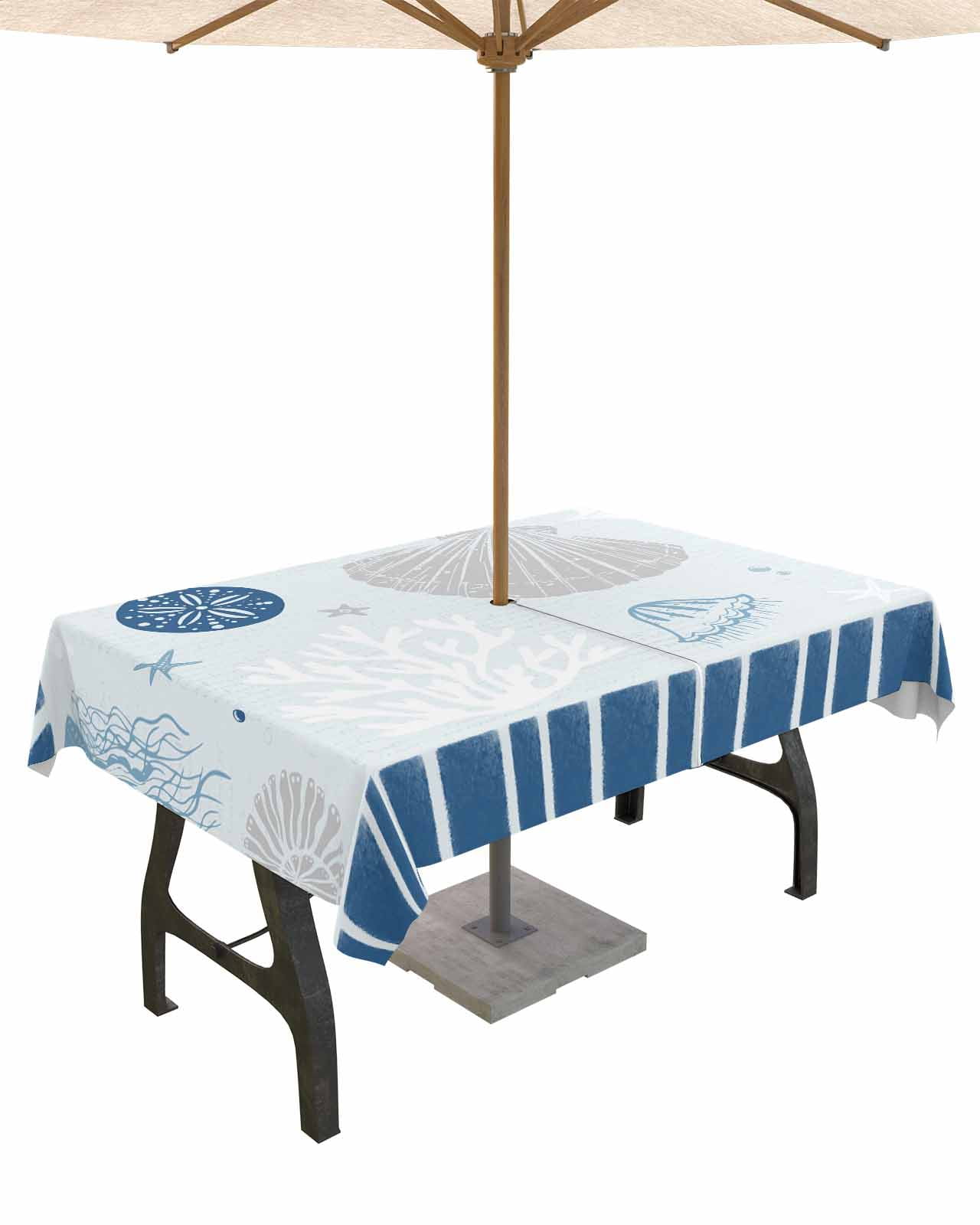 Outdoor Tablecloth with Umbrella Hole Zipper,Nautical Blue Starfish ...