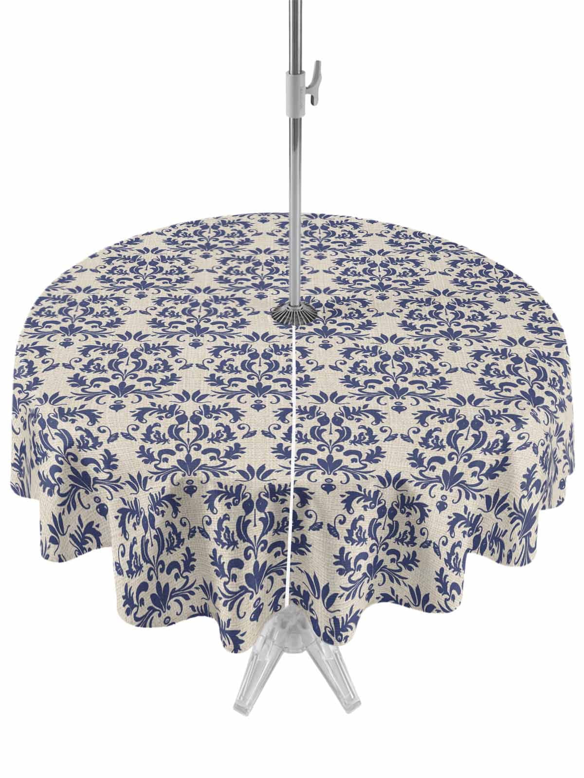 Outdoor Tablecloth with Umbrella Hole Zipper Navy Blue Baroque Round ...