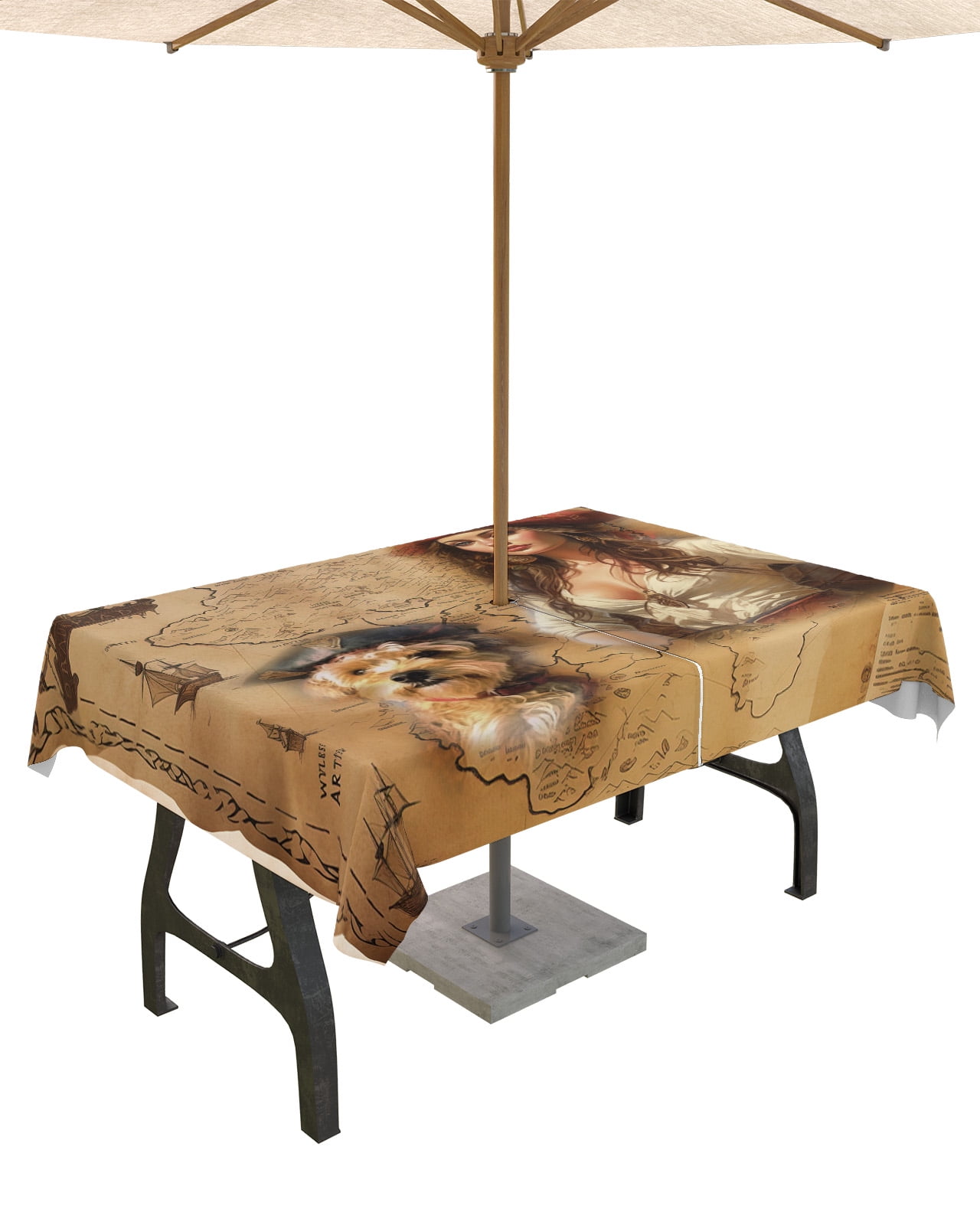 Outdoor Tablecloth with Umbrella Hole and Zipper Pirate Girl Cute Dog ...