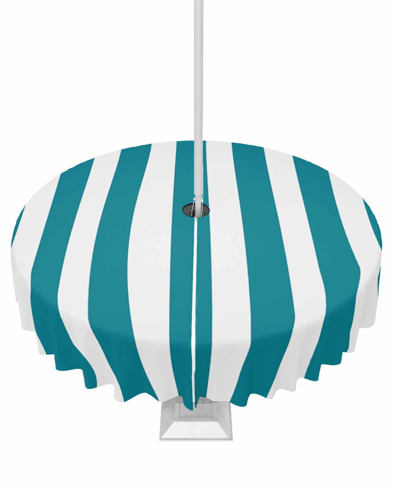 Outdoor Tablecloth with Umbrella Hole & Zipper, Teal Striped Round ...
