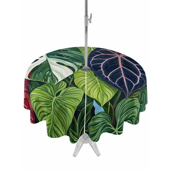 Outdoor Tablecloth with Umbrella Hole Zipper Tropical Monstera Leaves ...