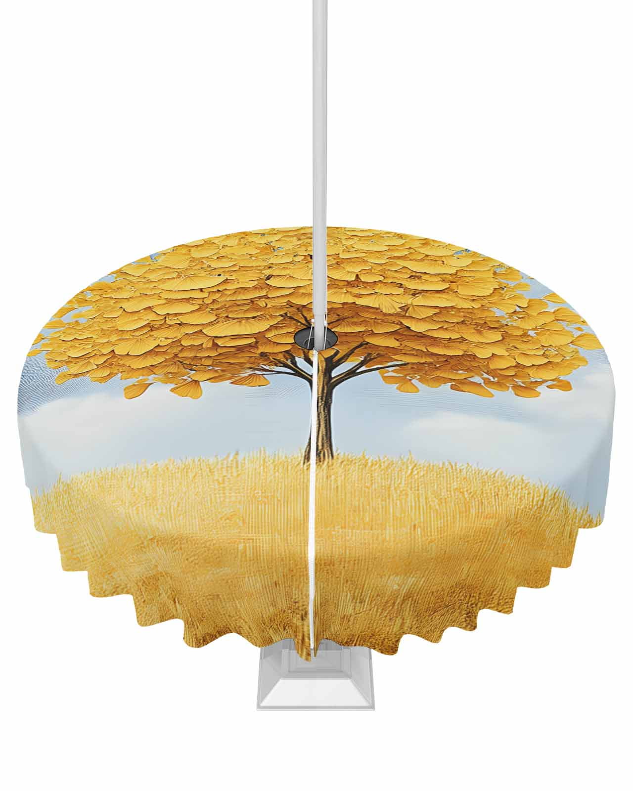 Outdoor Tablecloth with Umbrella Hole & Zipper, Yellow Tree Round ...