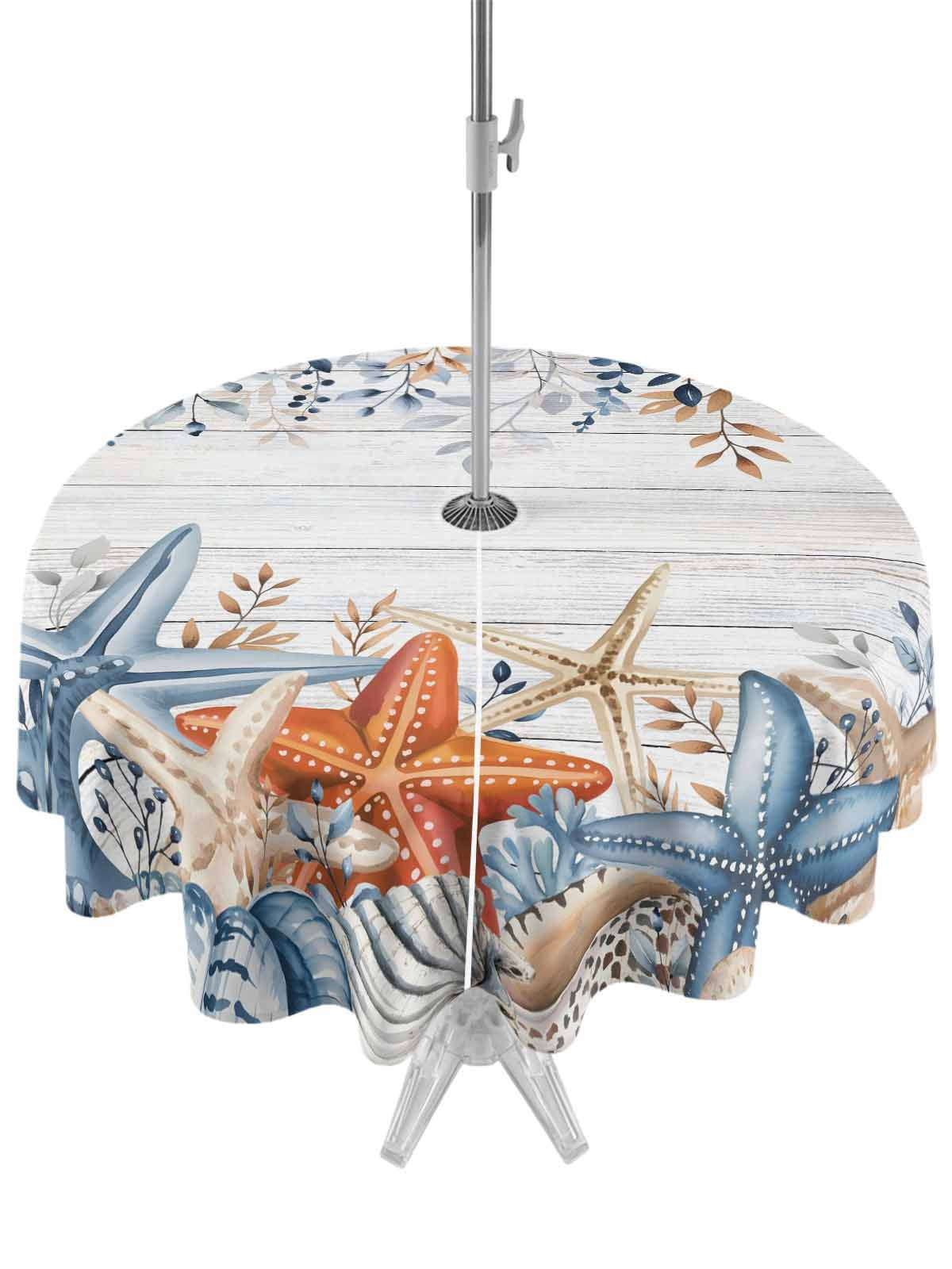 Outdoor Tablecloths with Umbrella Hole & Zipper, Blue Coastal Round ...