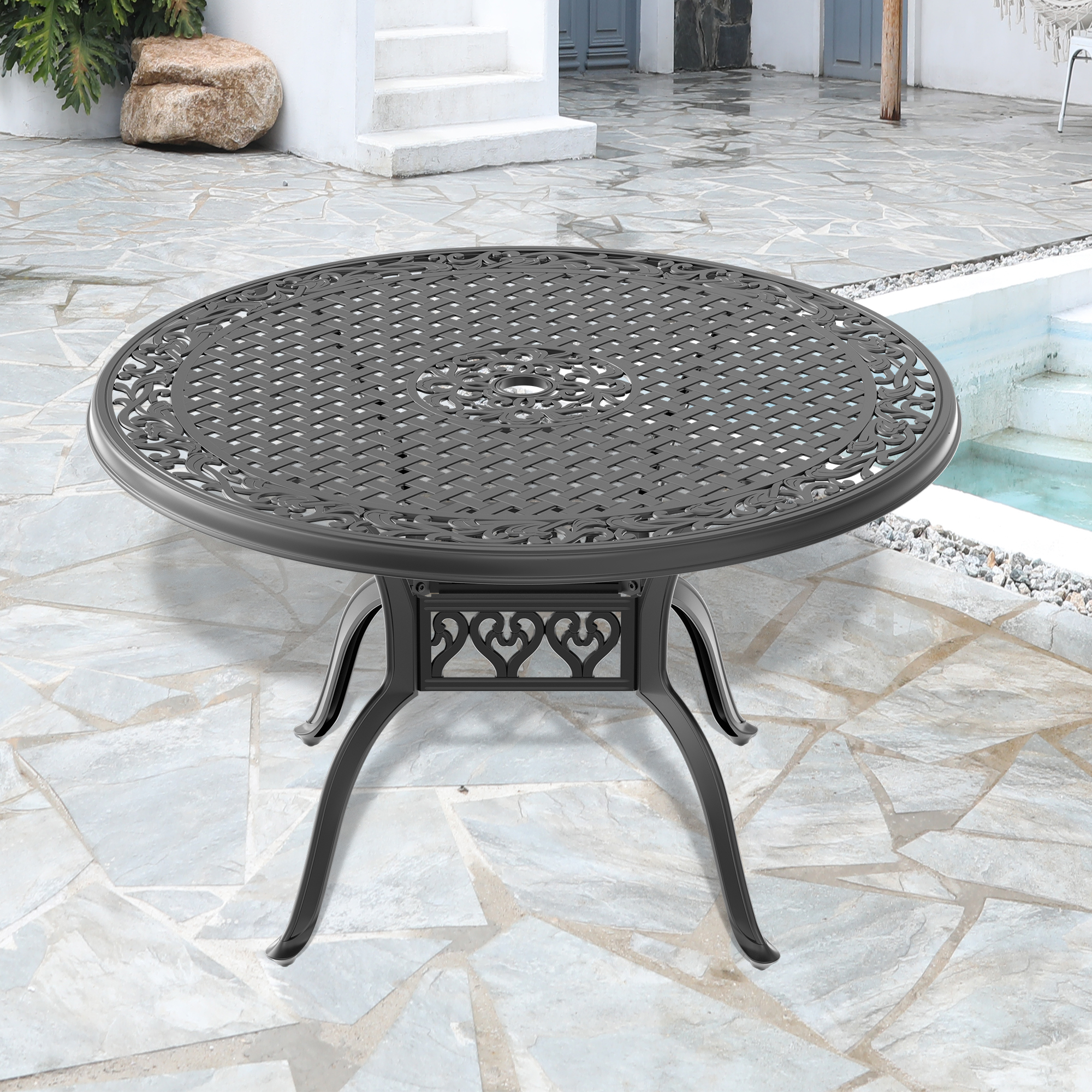 Outdoor Tables Ø47.24-inch Cast Aluminum Patio Dining Table with Black ...