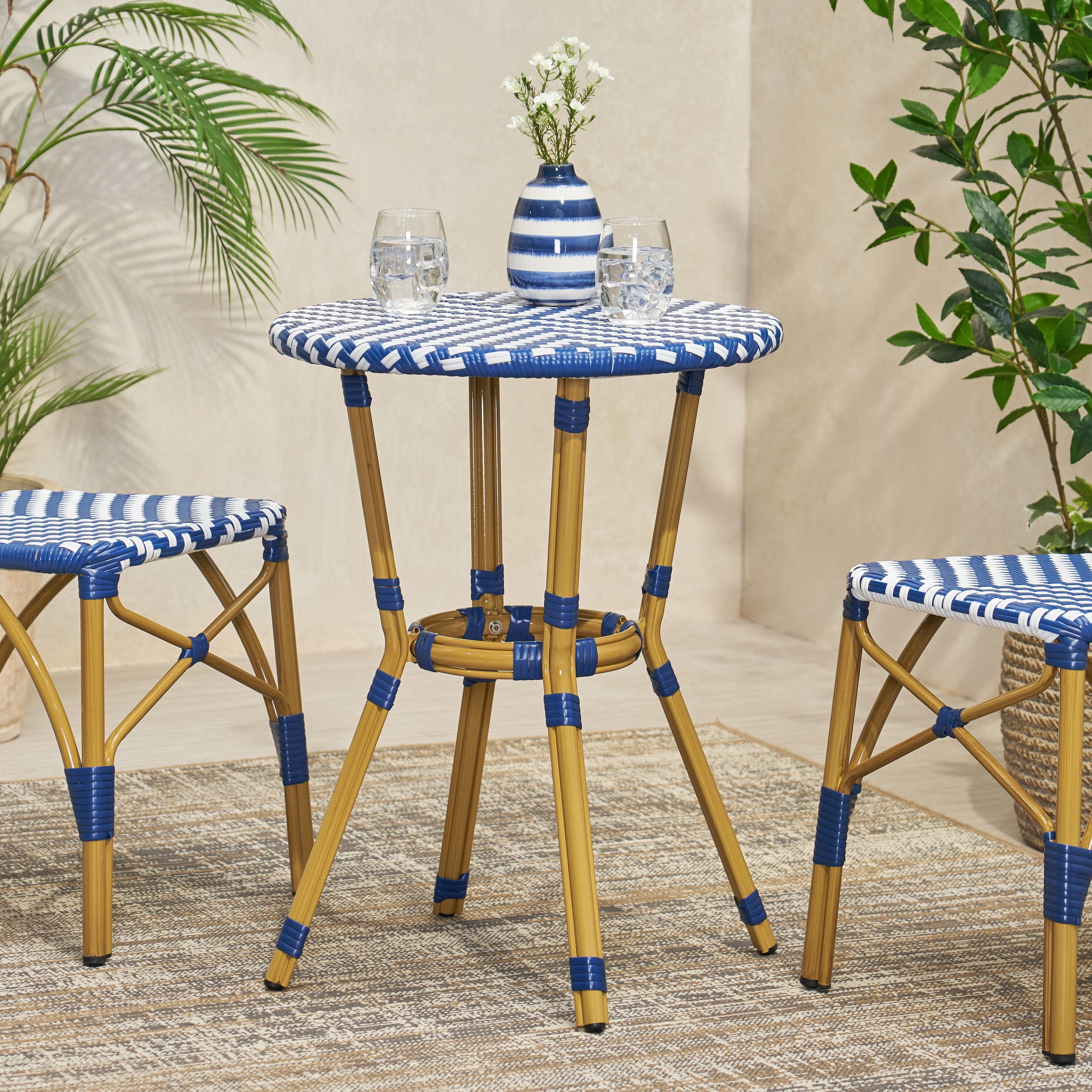 Outdoor Tables, FRENCH BISTRO TABLE, White+Blue Patio Tables,Rattan ...