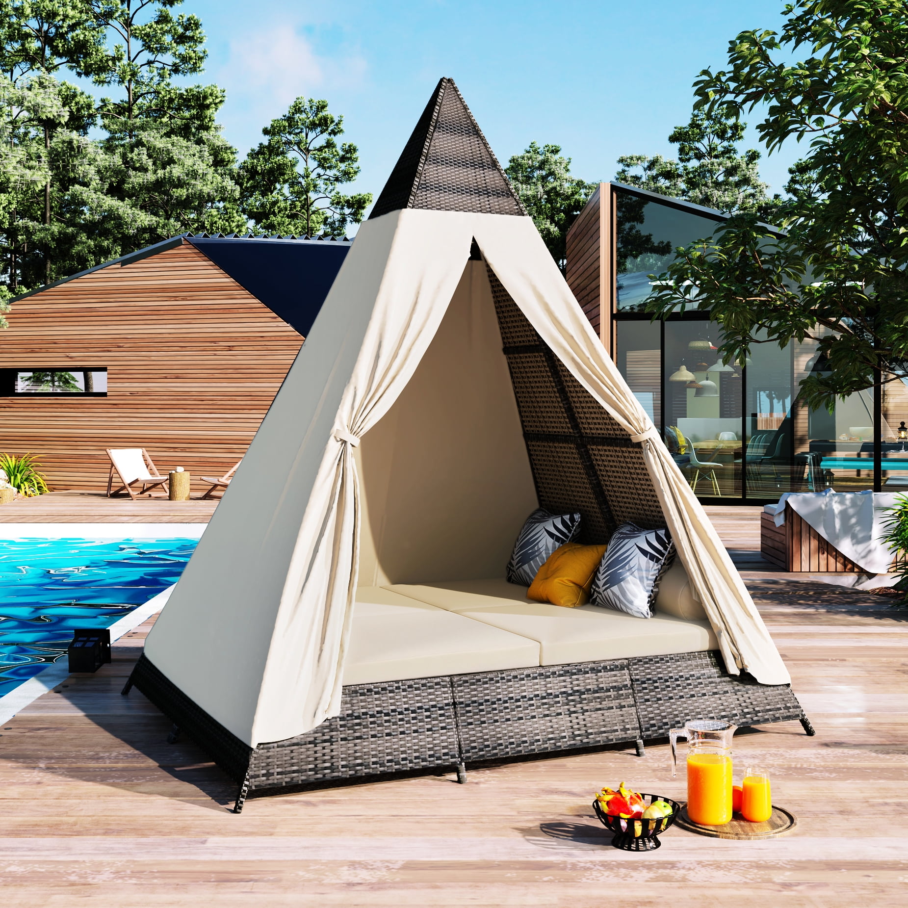 Outdoor Tent Daybed With Pillows - Brown And Beige, Comfortable ...
