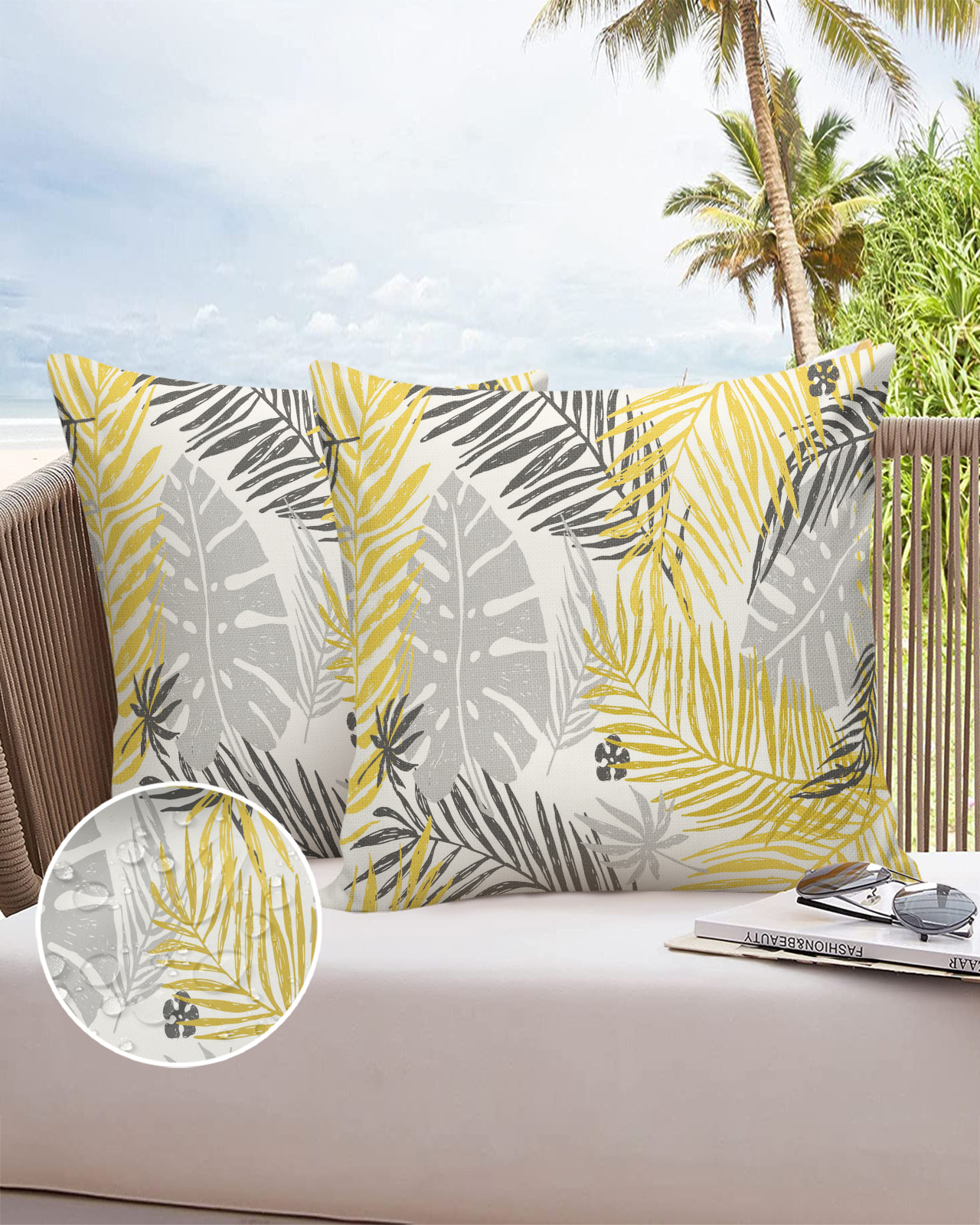 Outdoor Throw Pillow Cover Gold Grey Palm and Banana Leaves Waterproof ...