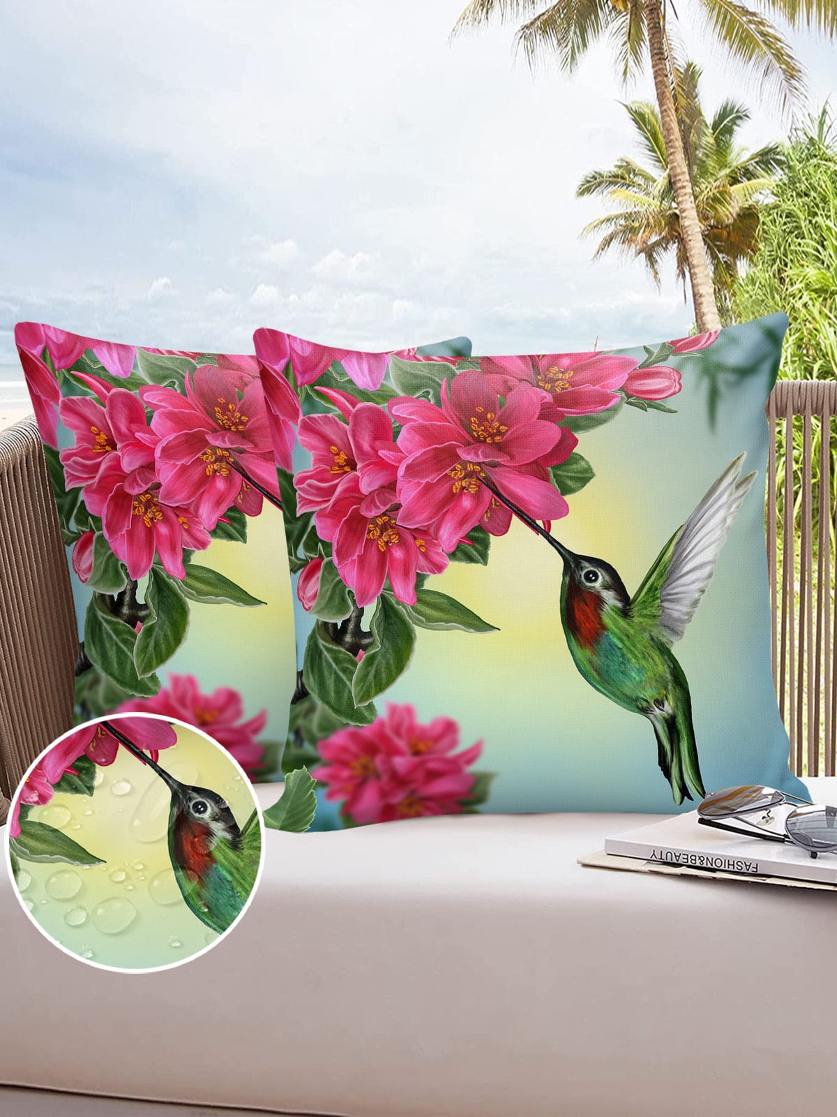 Outdoor Throw Pillow Cover Spring Flowers and Hummingbird Waterproof ...
