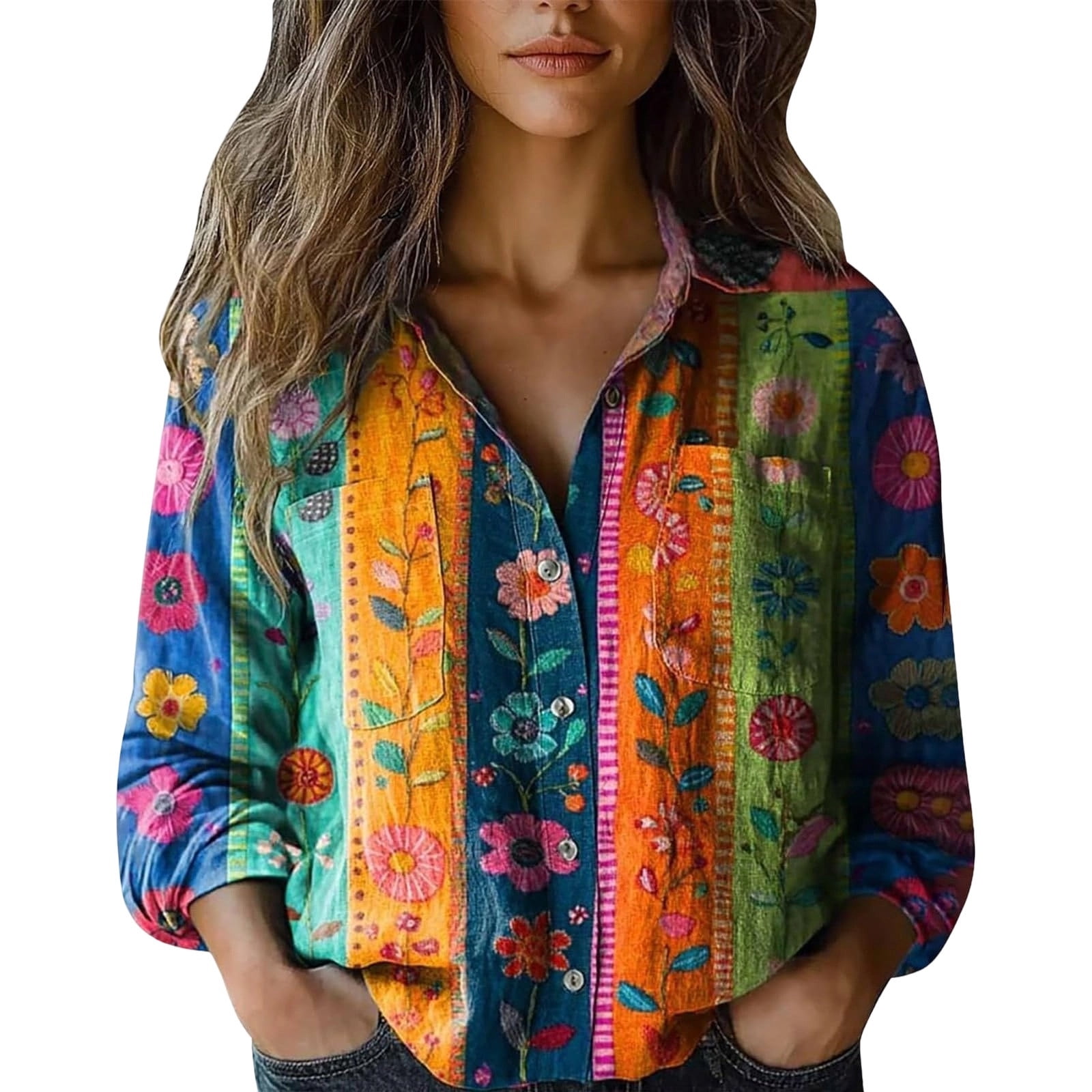 Outdoor Tops for Women Button Front Long Sleeve Print Patch Pocket ...
