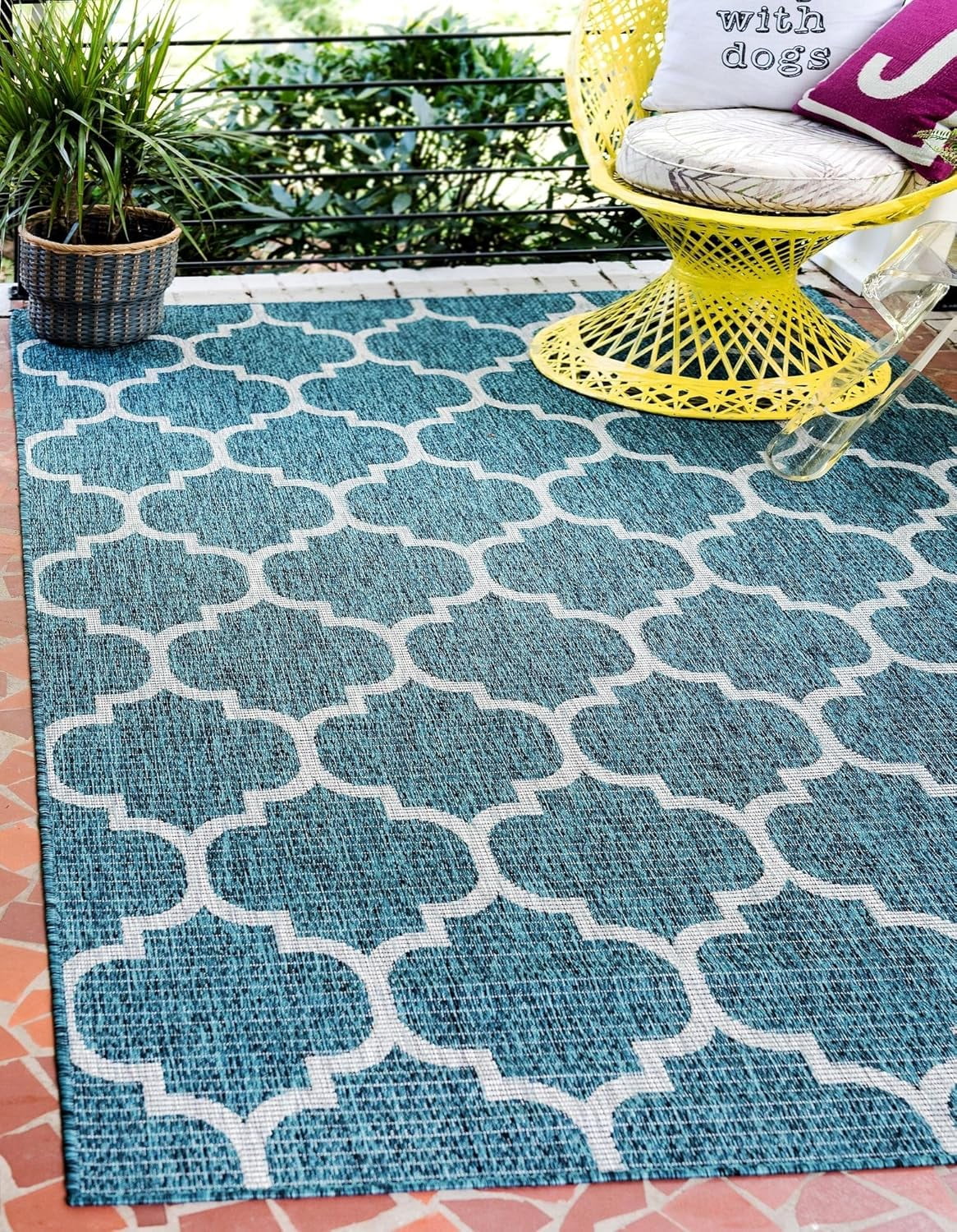 Outdoor Trellis Collection Area Rug (7' 1" x 10' Rectangle, Teal/ Gray ...